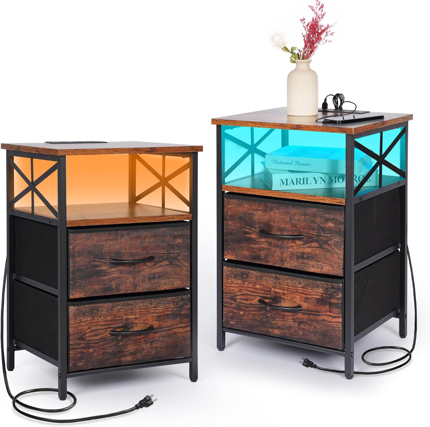 17 Stories Night Stand Set 2, RGB LED End Table With Charging Station ...