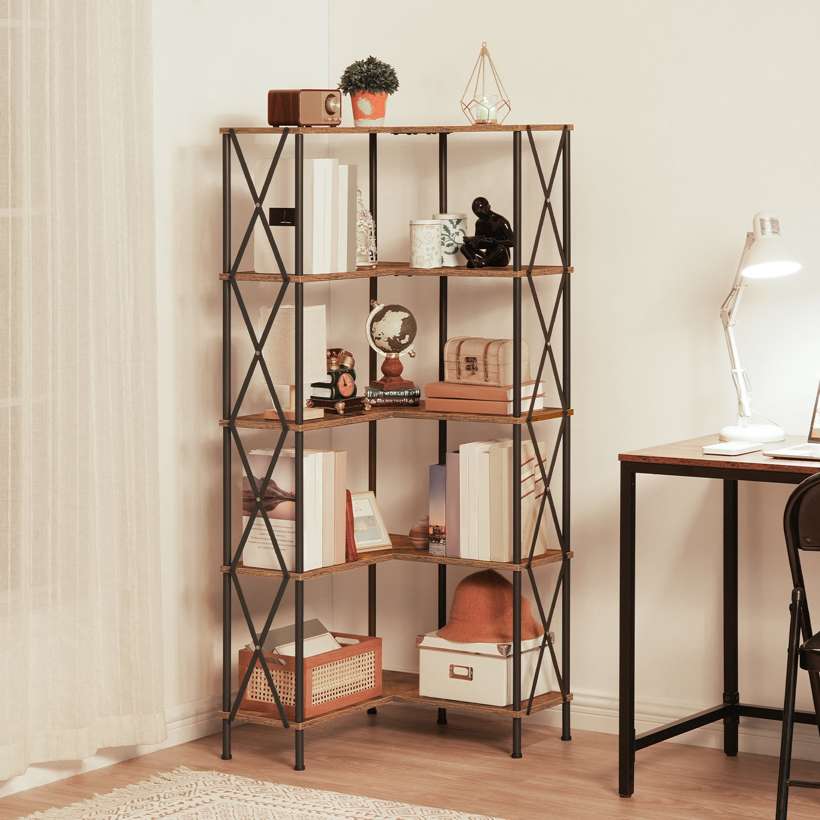 17 Stories Corner Bookshelf, 5-Tier L-Shaped Bookcase, Industrial Open ...