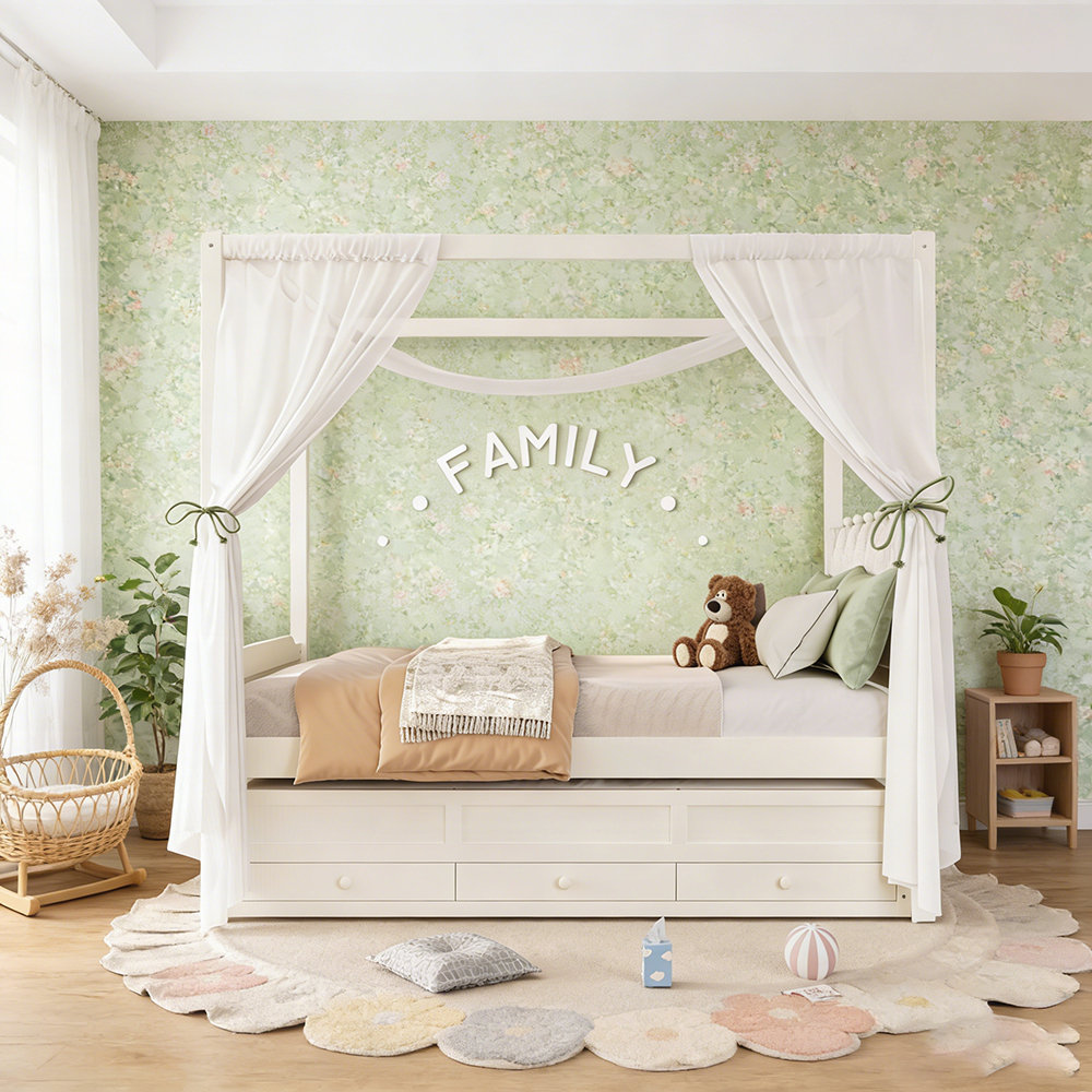 Red Barrel Studio Charming Princess Canopy Bed Frame with Trundle, 3 ...