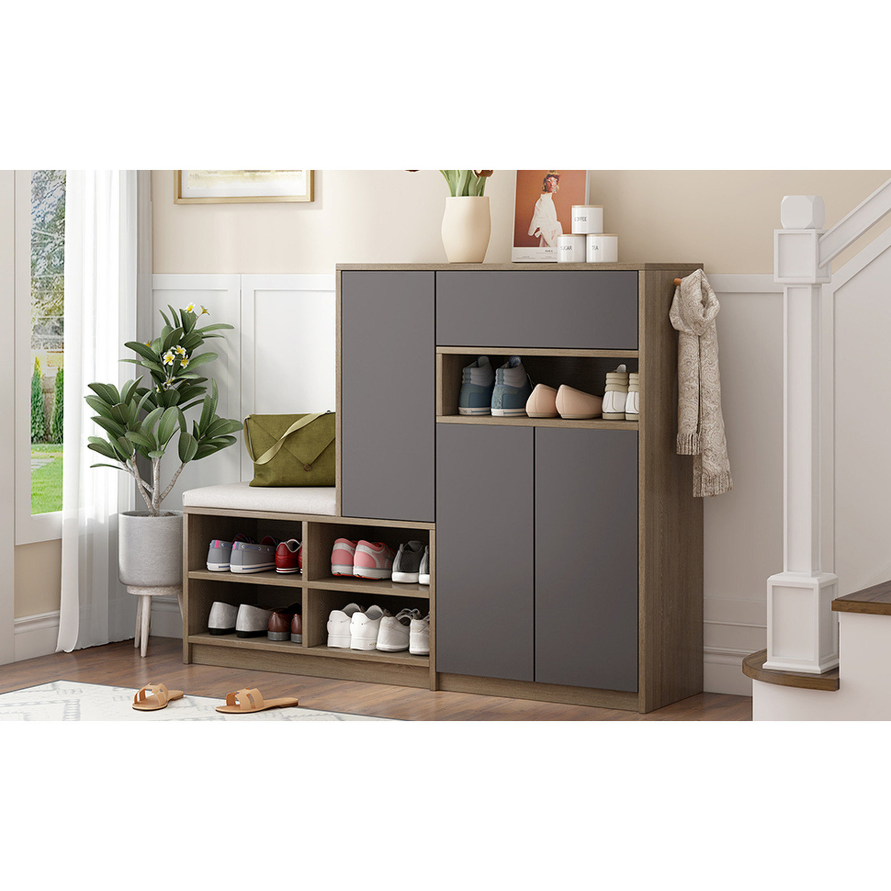 Latitude Run® Multi-functional Shoe Cabinet, Dark Grey, With Adjustable ...