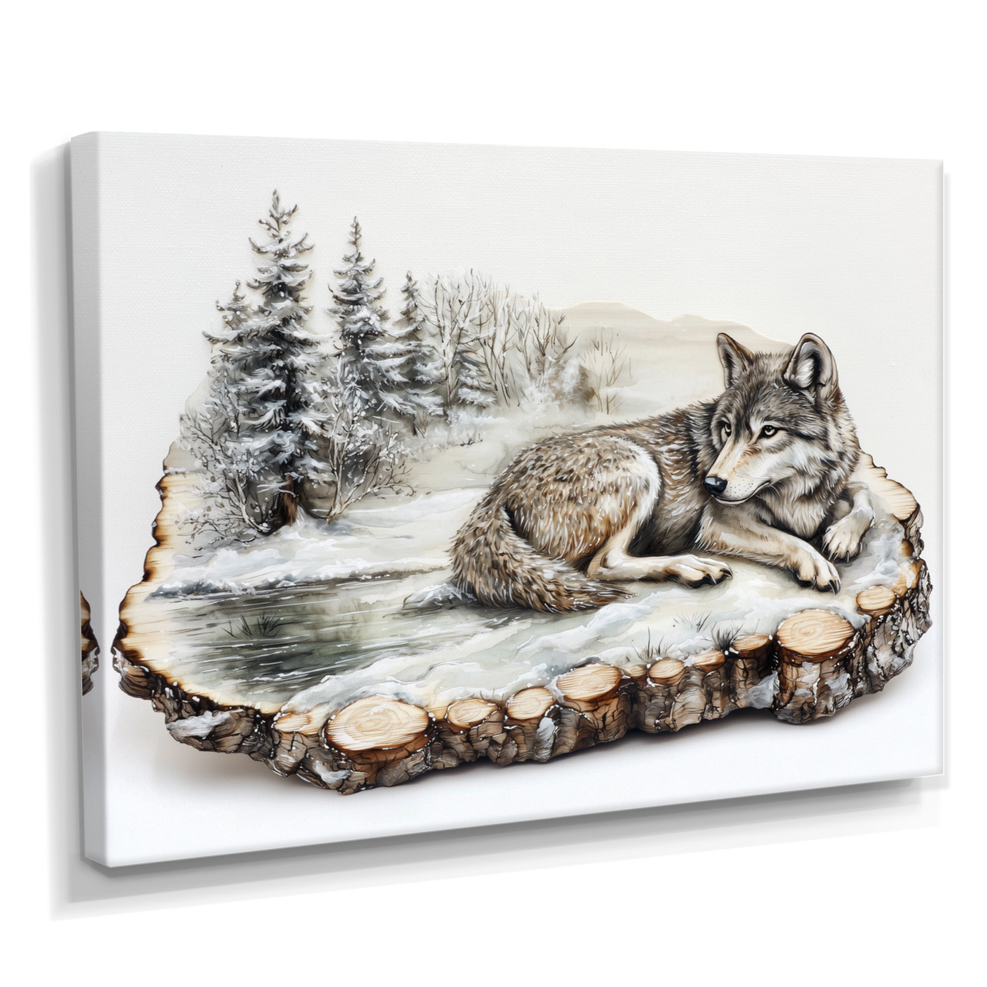 Millwood Pines Wolf In Winter Forest Lake Landscape I - Wolf Wall Art ...