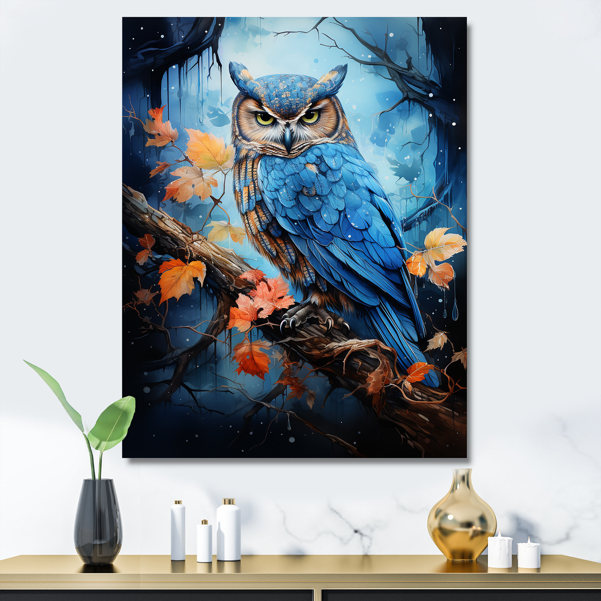 Design Art Blue Owls Moonlight Realm On Canvas Print | Wayfair