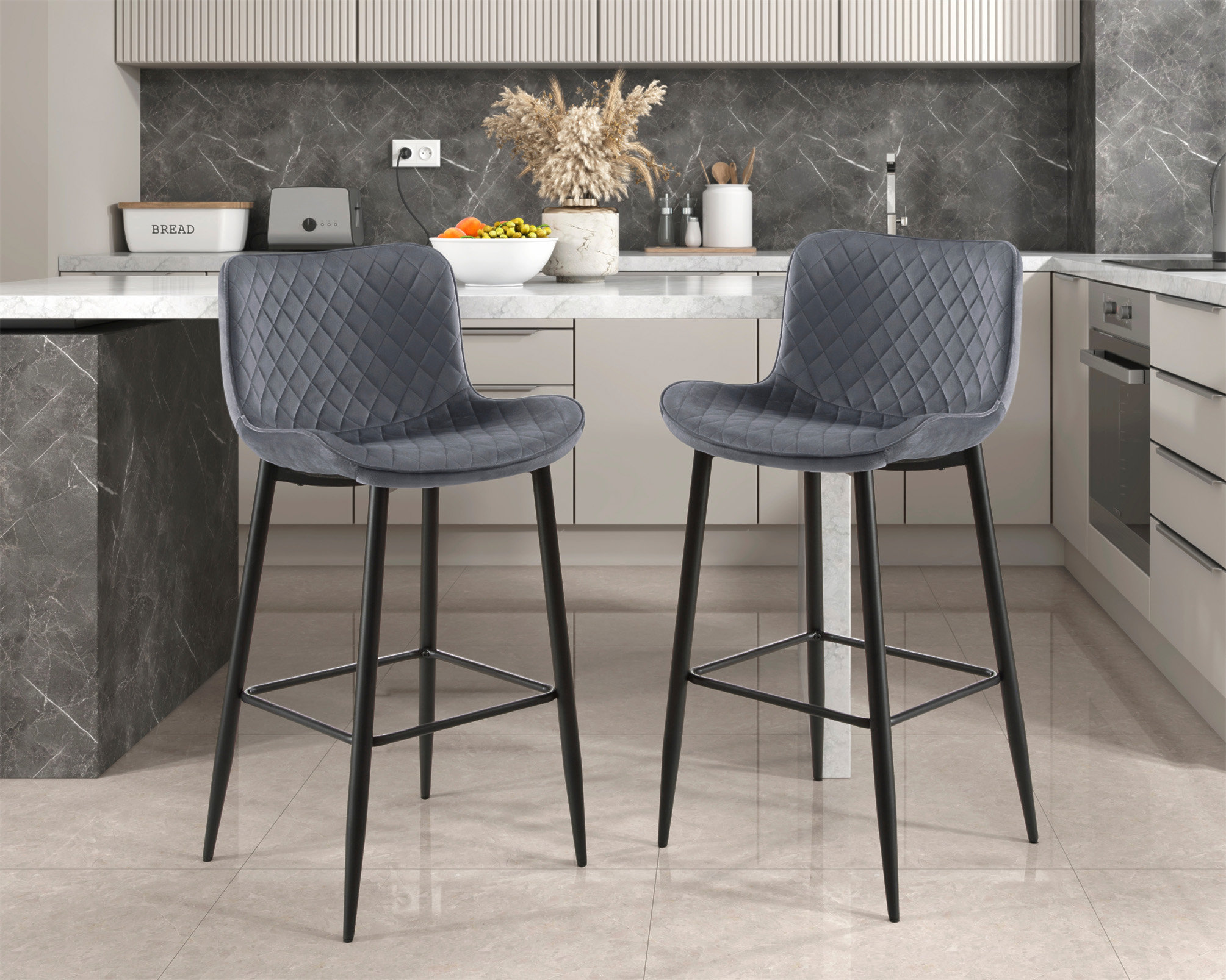 Latitude Run® Set Of 2 Pub Height Chairs Dark Gray Velvet Upholstery ...