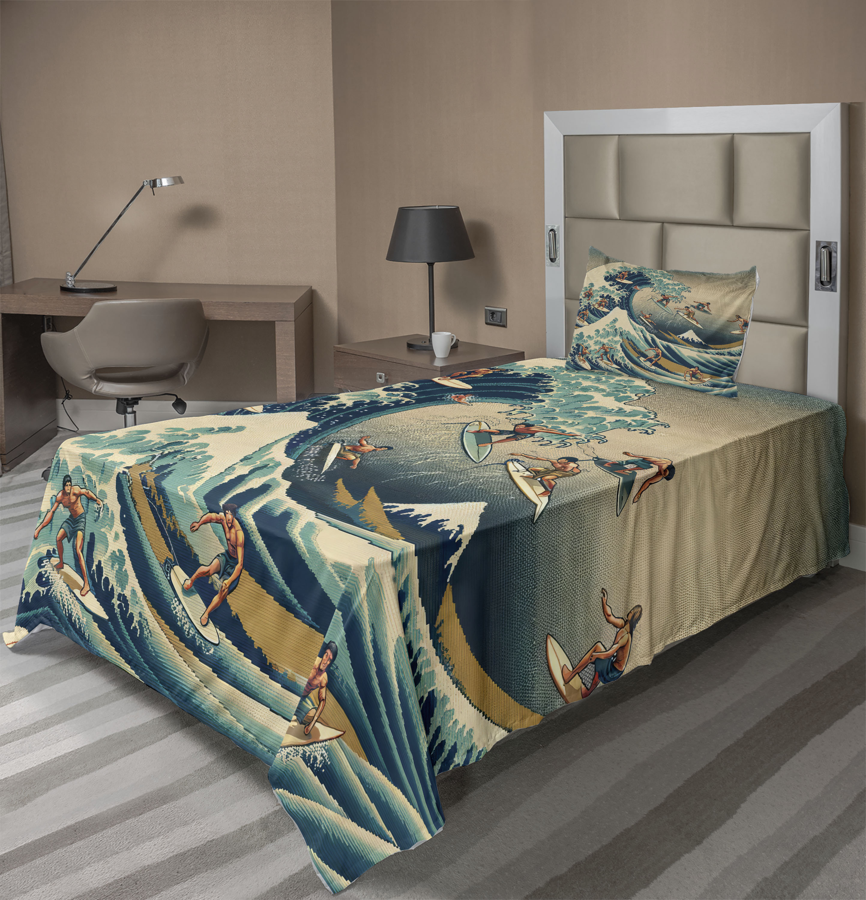 Ambesonne Japanese Wave Sheet Set Surfers Ukiyo-e Ocean Seafoam Blue ...