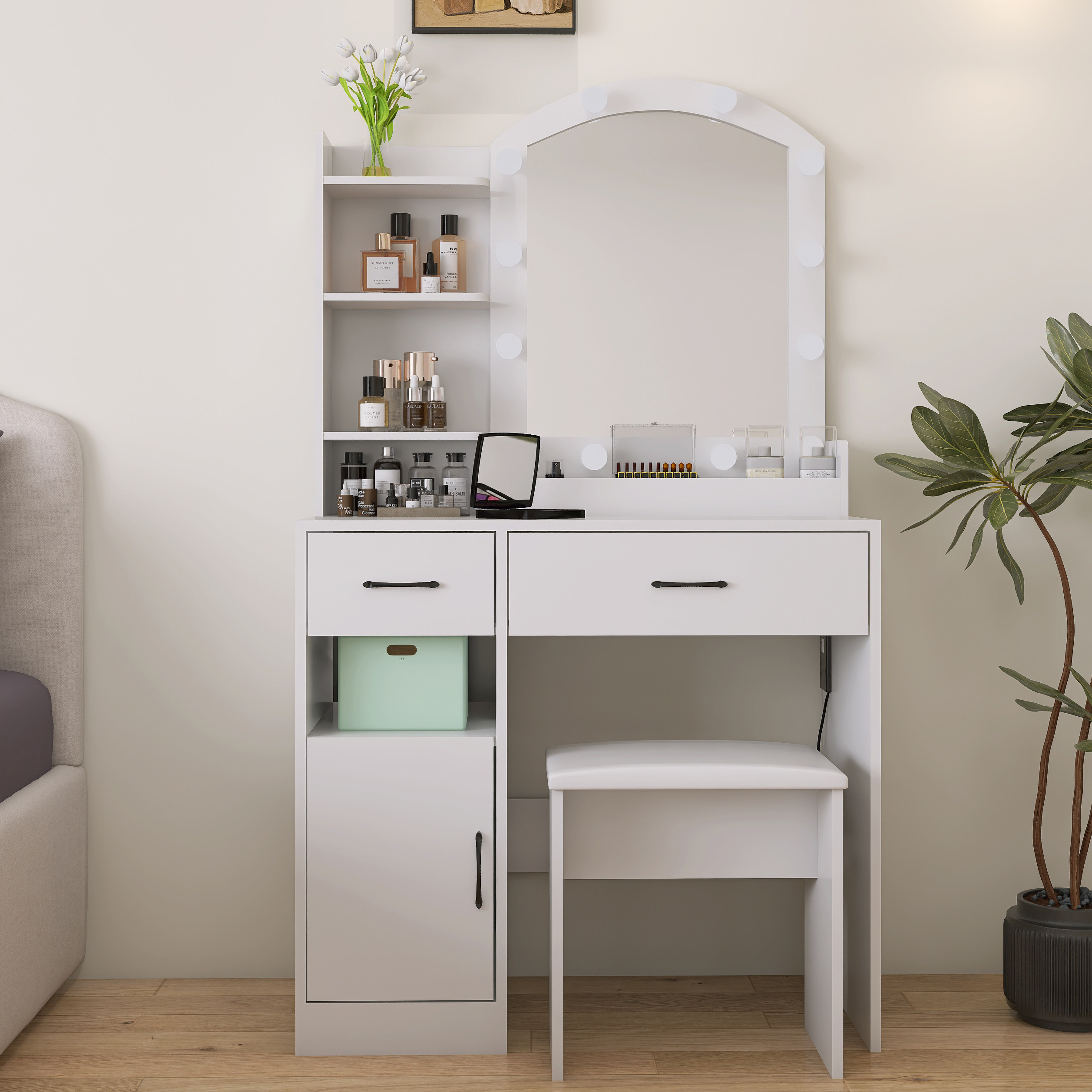 Latitude Run® 57.8'' Tall Makeup Vanity Desk With Lighted Mirror ...