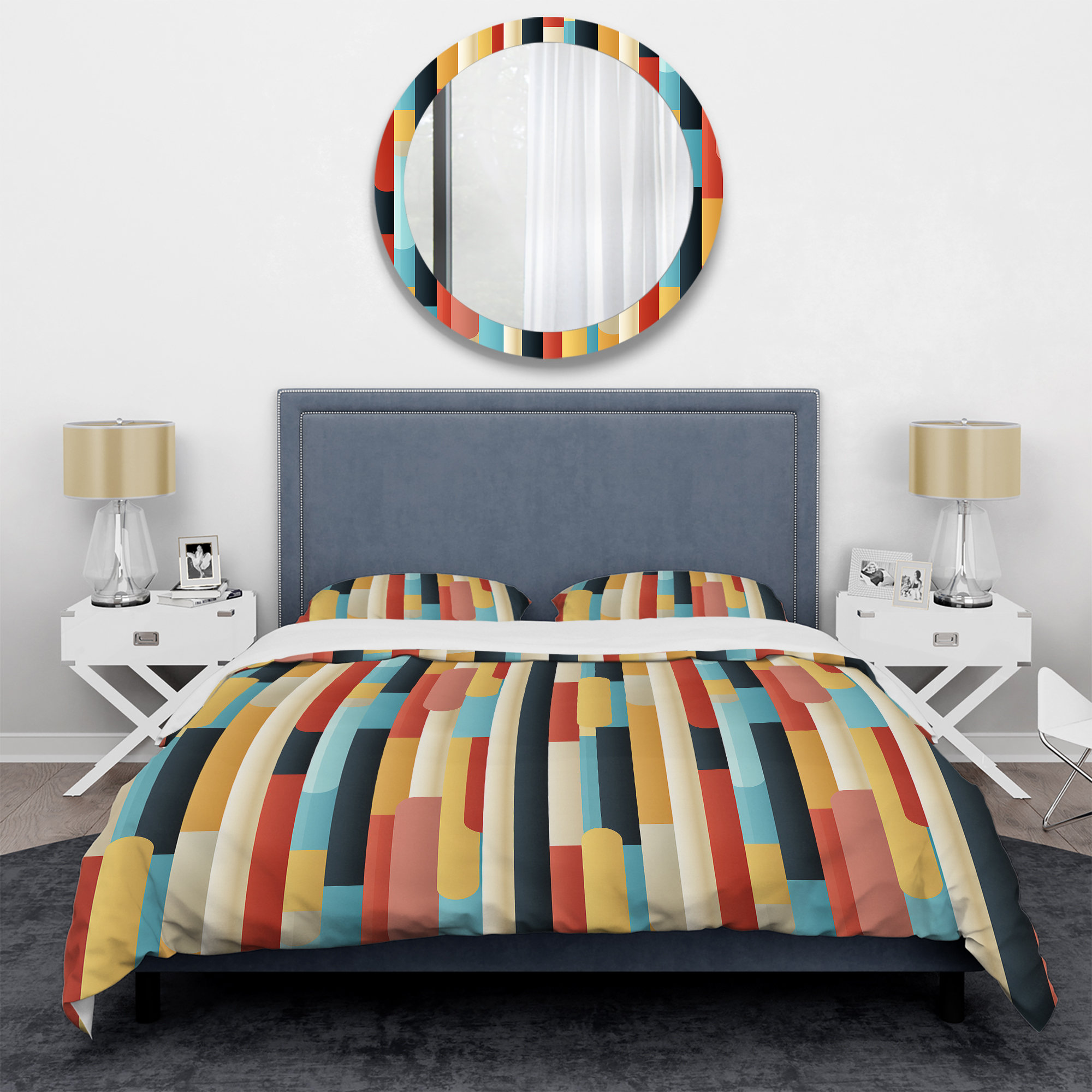 Design Art Pastel Colors Midcentury Stripes Pattern I Yellow/Blue/Black ...