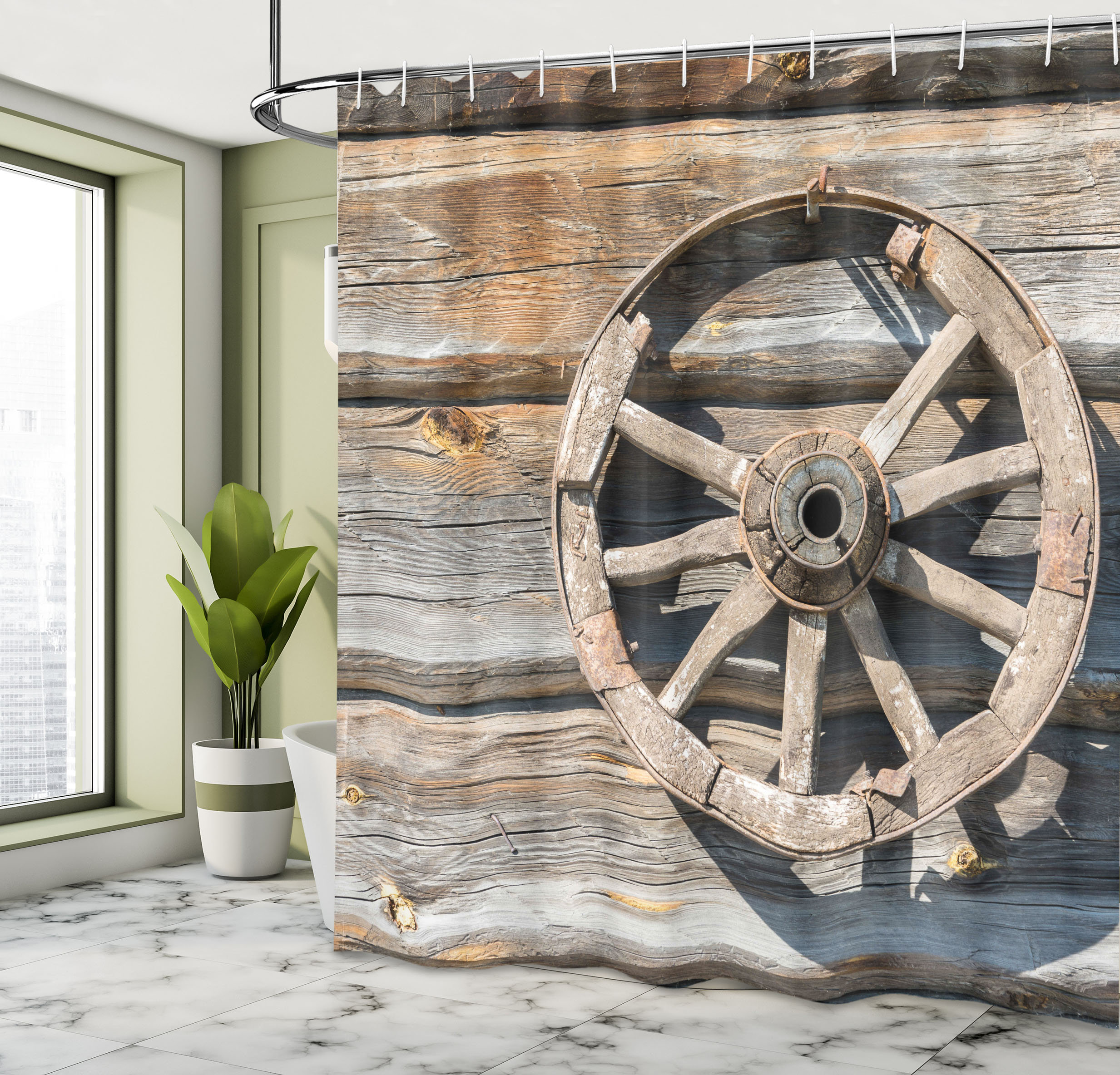 East Urban Home Wagon Wheel Shower Curtain Log Wall Cart Umber Beige ...