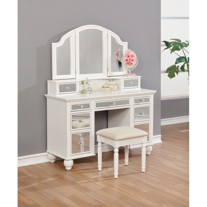 Rosdorf Park Reinhart Makeup Vanity Table Set White And Beige | Wayfair