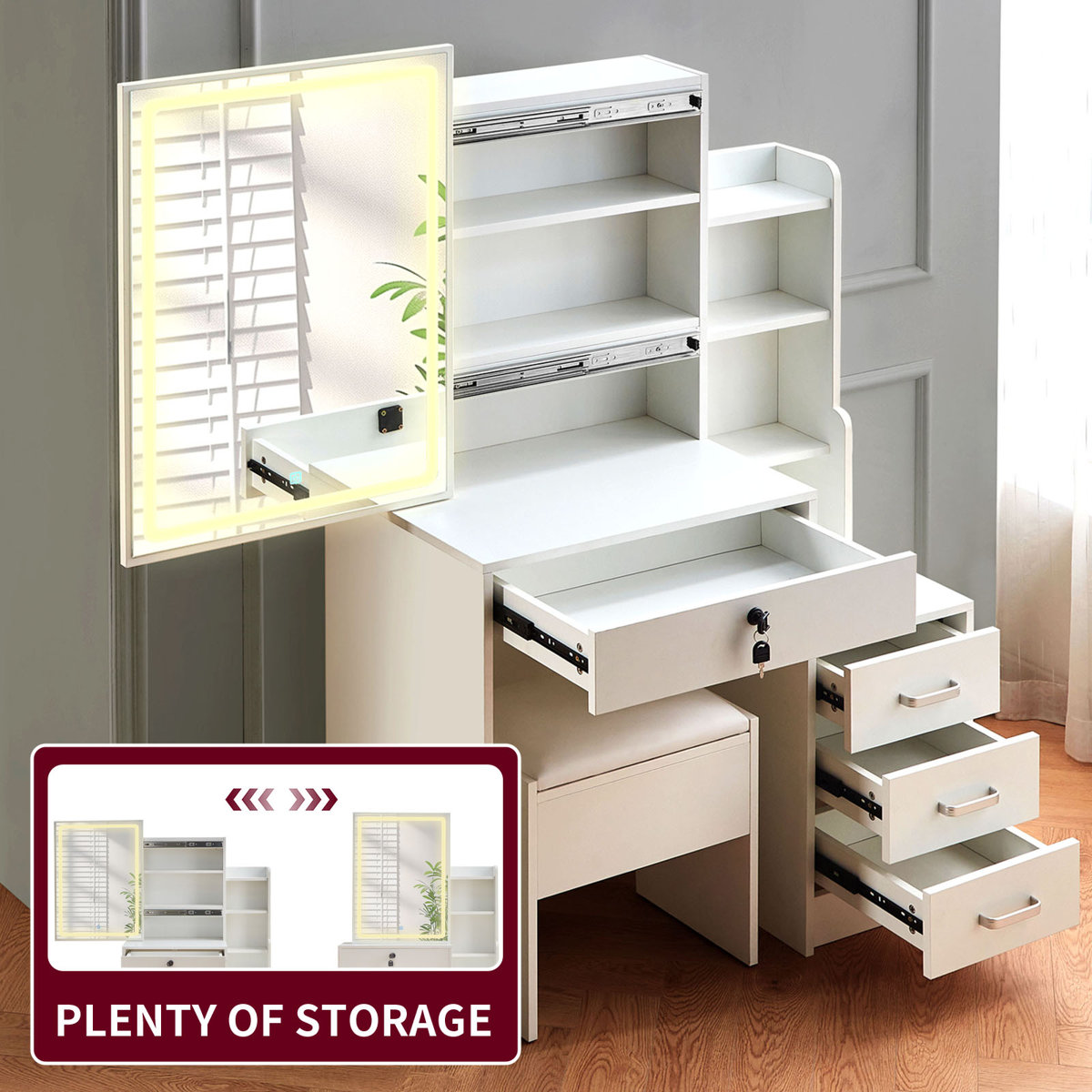 17 Stories LED Mirror Dressing Table with 4 Drawers and 7 Storage ...
