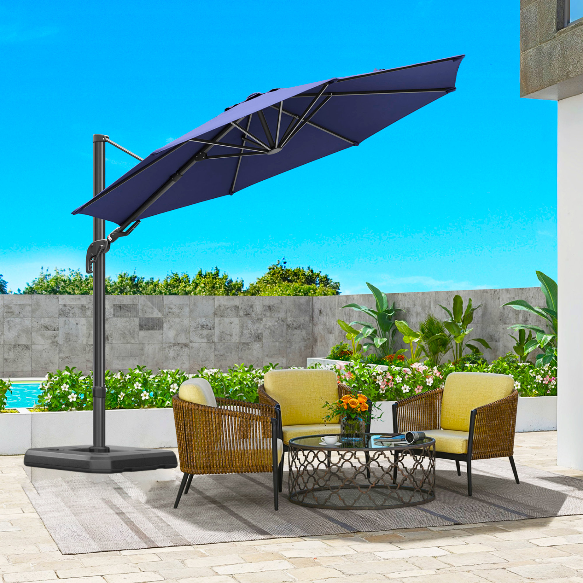 Arlmont & Co. Parasol décalé en porte-à-faux rotatif à 360 degrés en aluminium avec base de ...