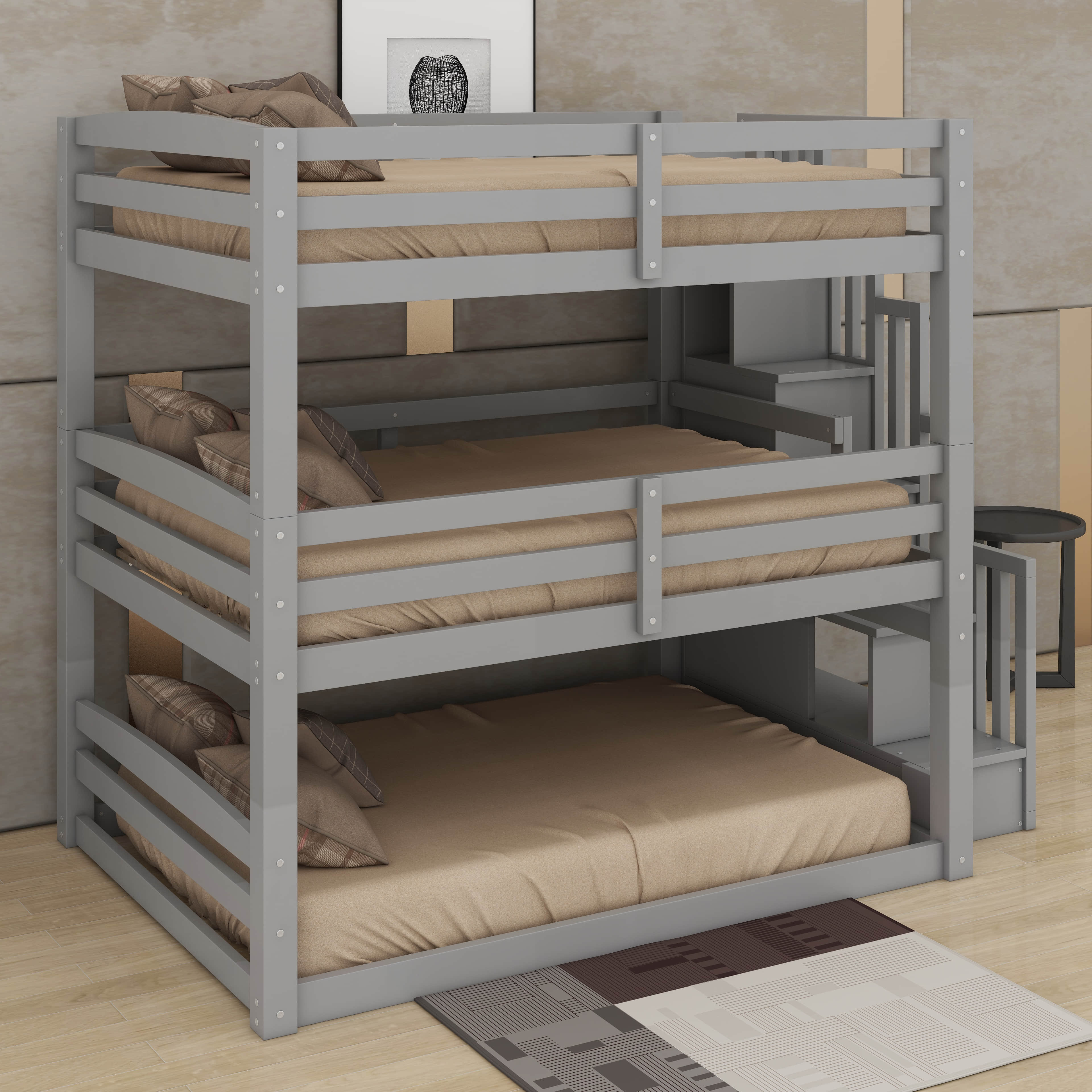 Latitude Run® Full Size Triple Bunk Bed With Storage Staircase,Separate ...