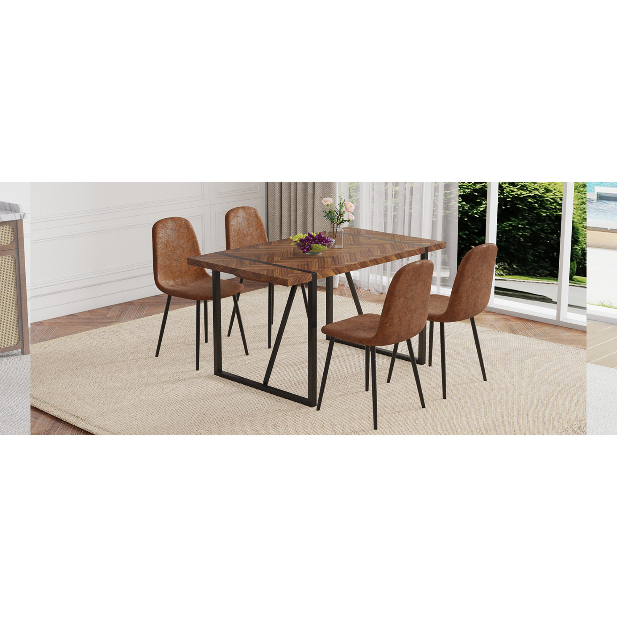 George Oliver Retro Dining Table Set With Fishbone Pattern Top And ...