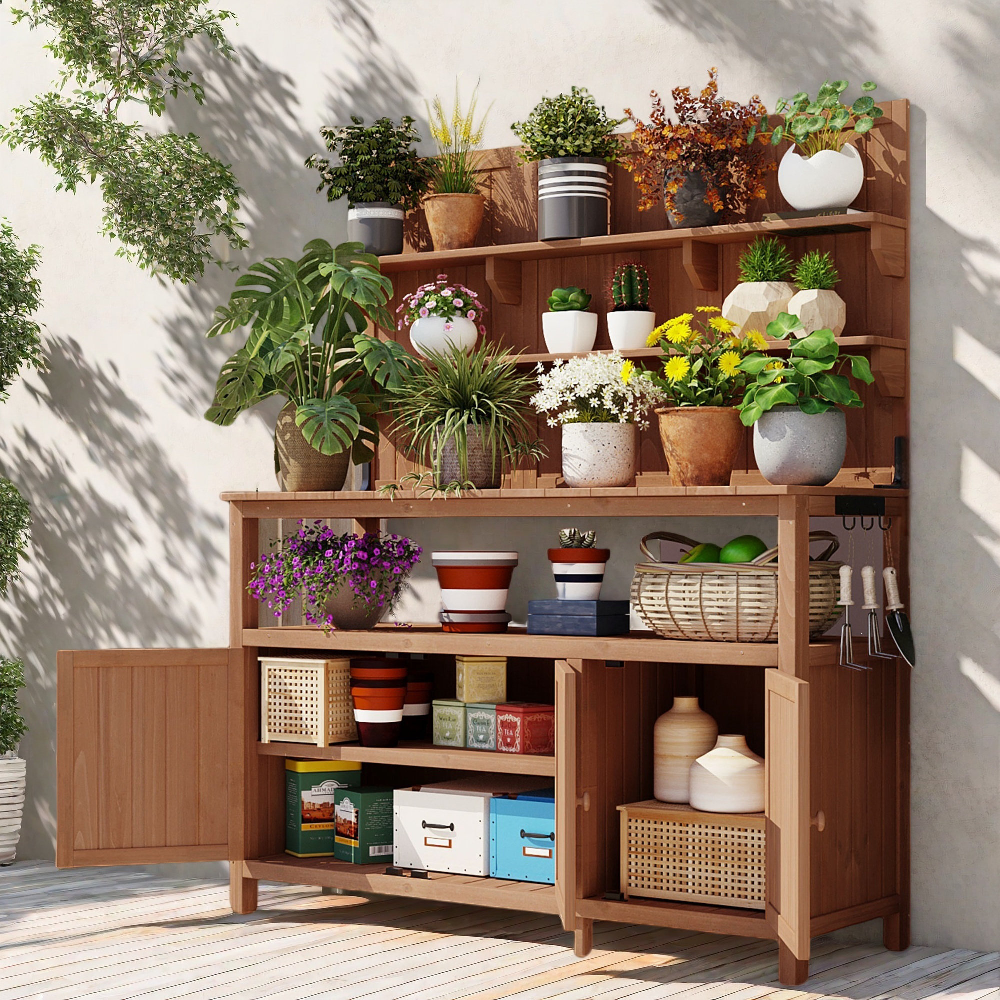 Gracie Oaks Potting Bench With Hutch, Garden Workstation, 2 Shelves, 2 Cabinets And 3 Side Hooks ...