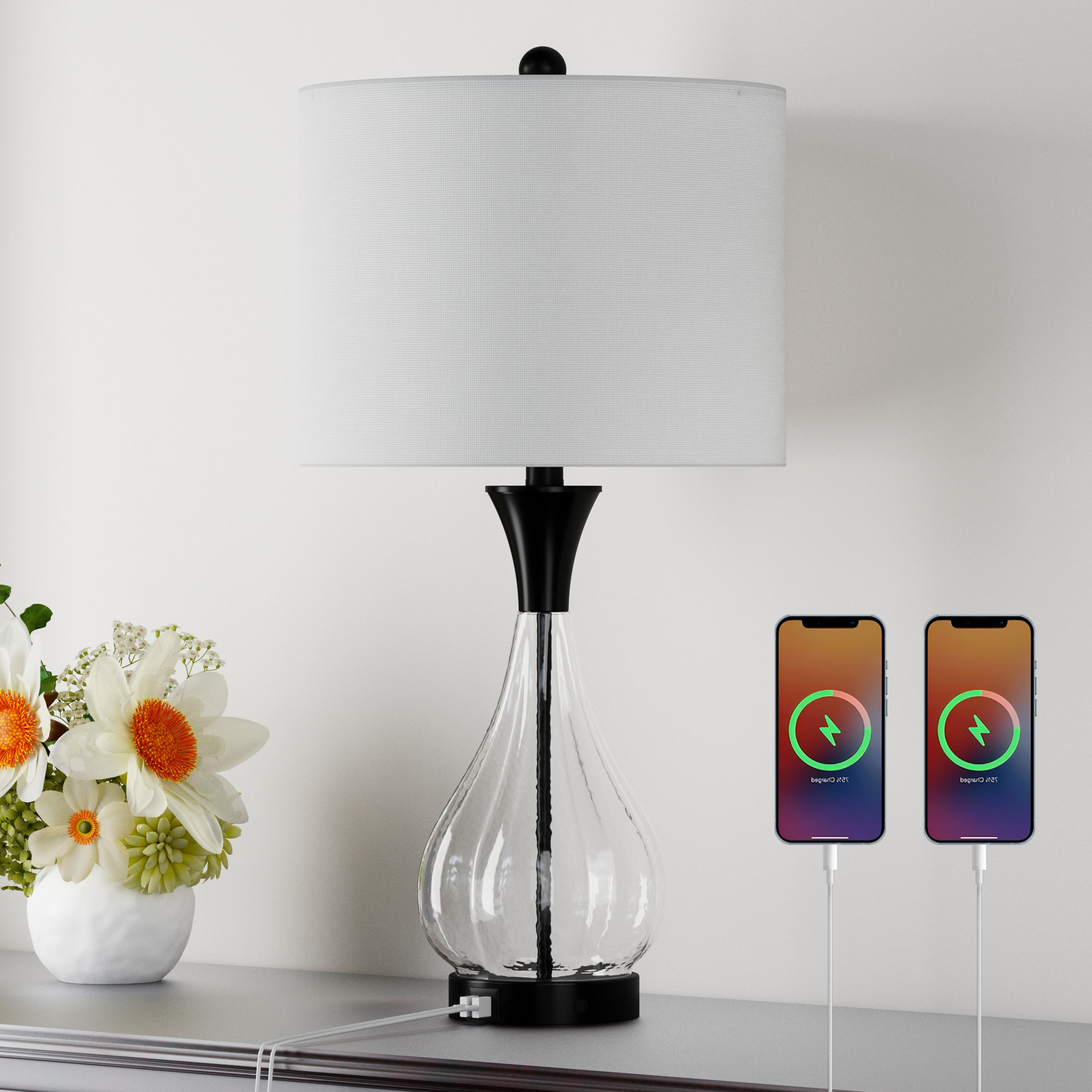 House of Hampton 26" Glass And Metal Modern Table Lamp With USB Ports ...