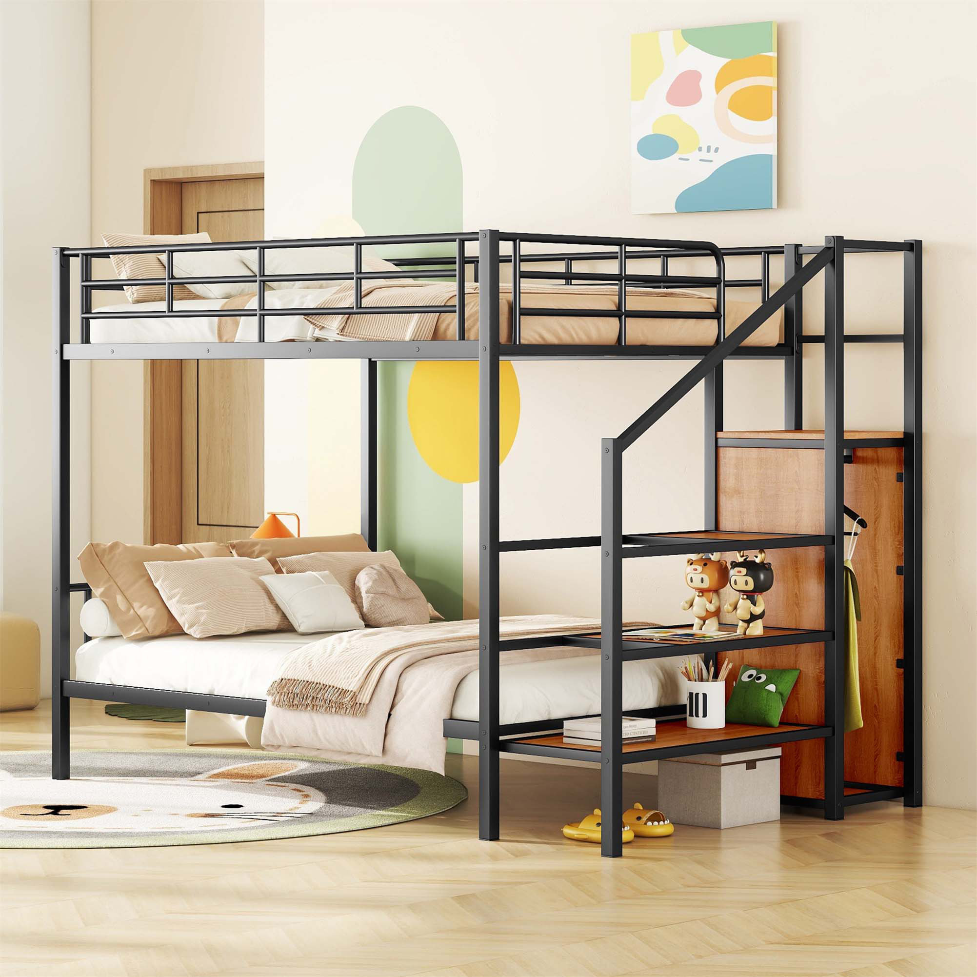 Harriet Bee Metal Bunk Bed With Lateral Storage Ladder And Wardrobe ...