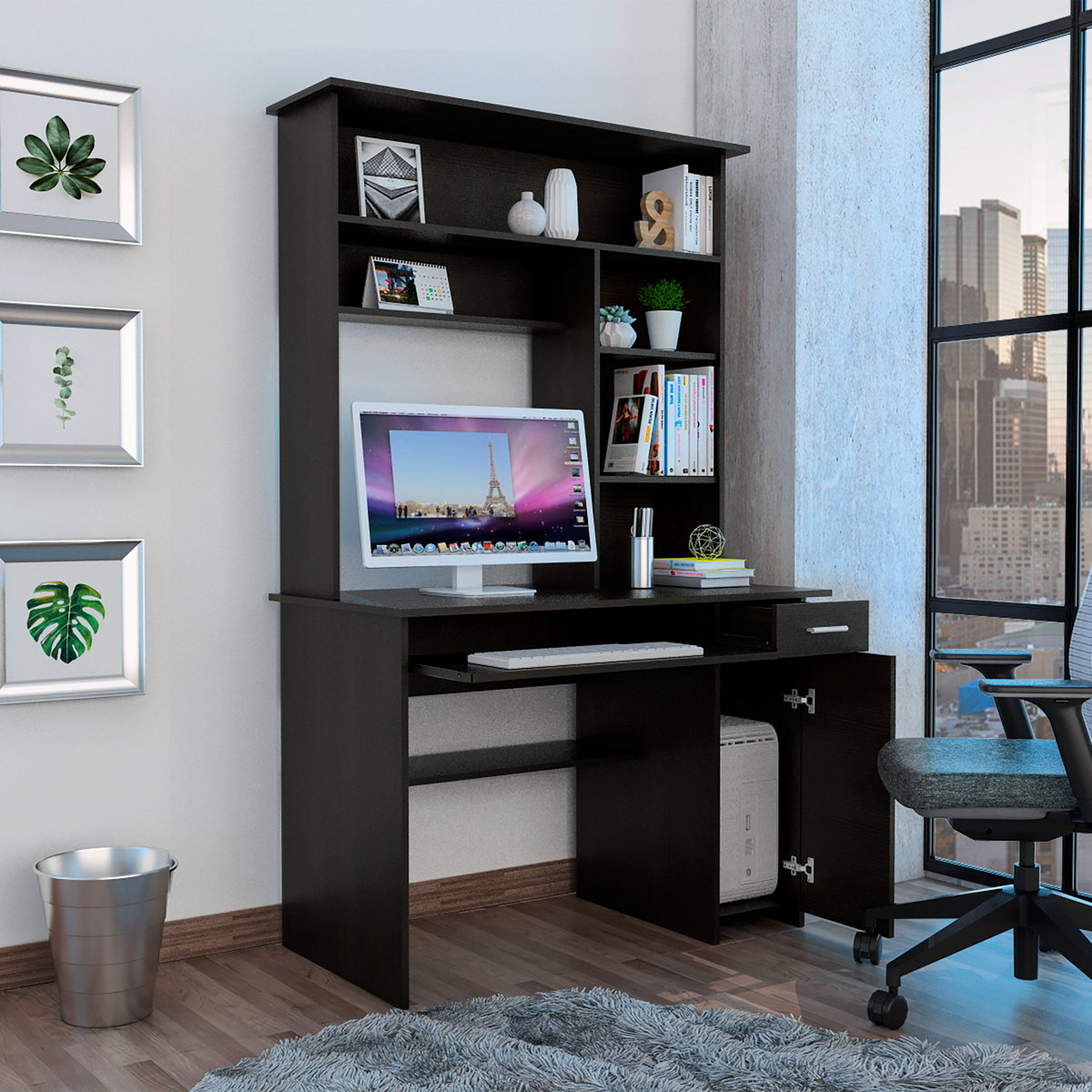 Ebern Designs Computer 180 Hutch Desk, Multiple Shelves, Retractable ...