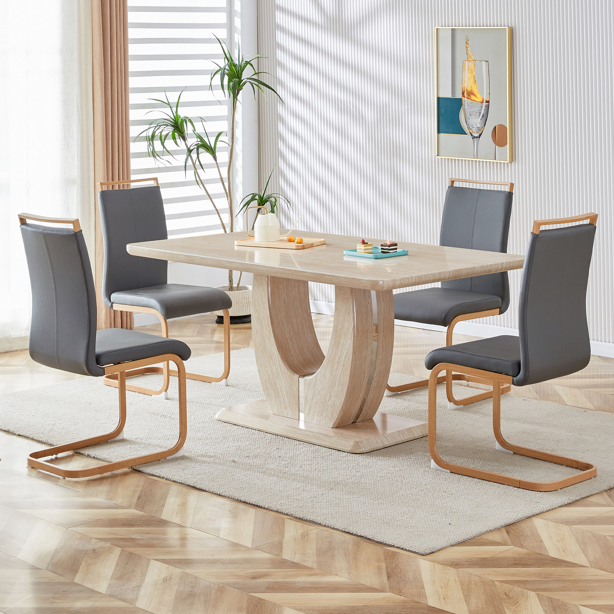Mercer41 Minimalist dining set: light yellow mdf table, 4 pu leather ...