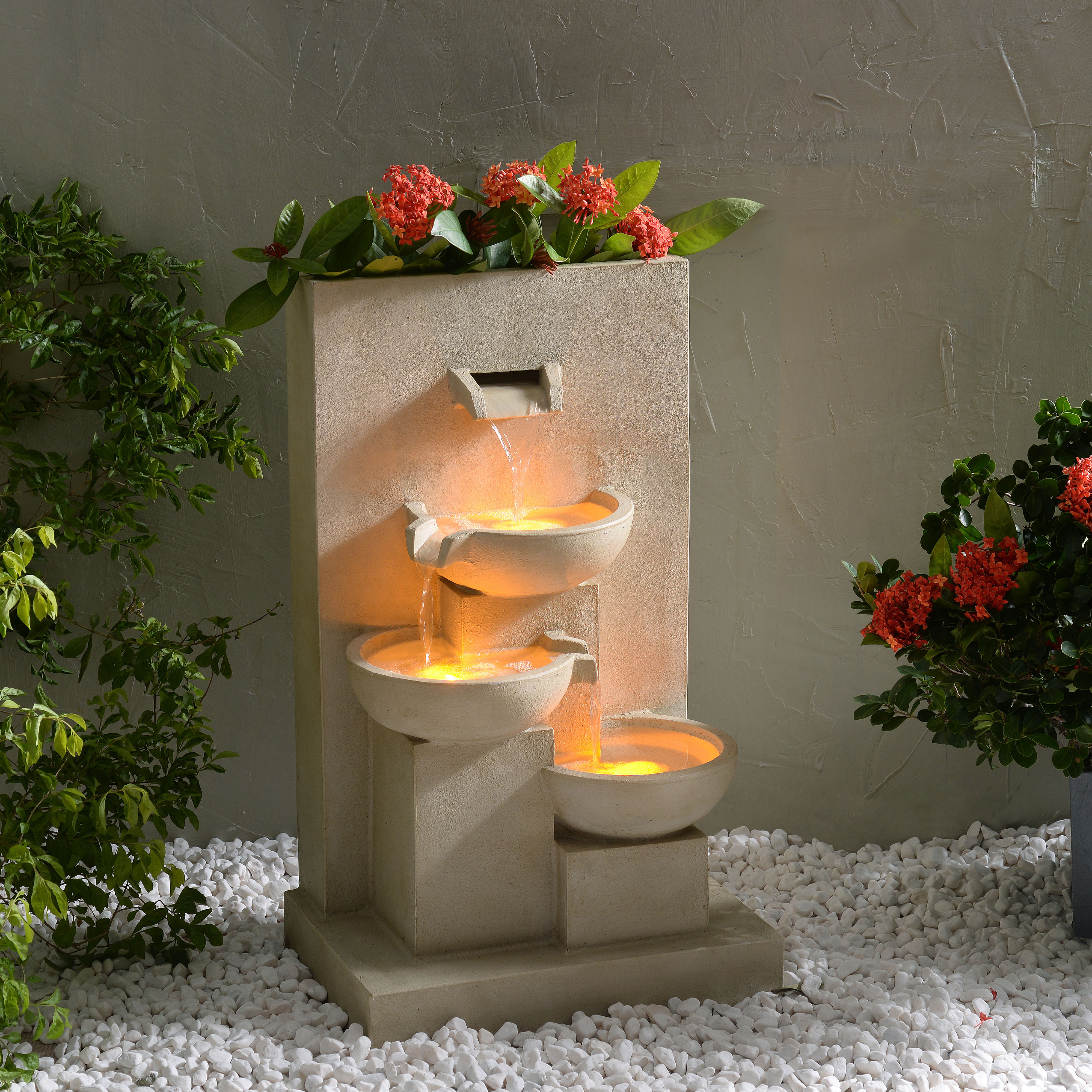 Winston Porter 3-Tier Cascading Outdoor Water Fountain with Planter and ...