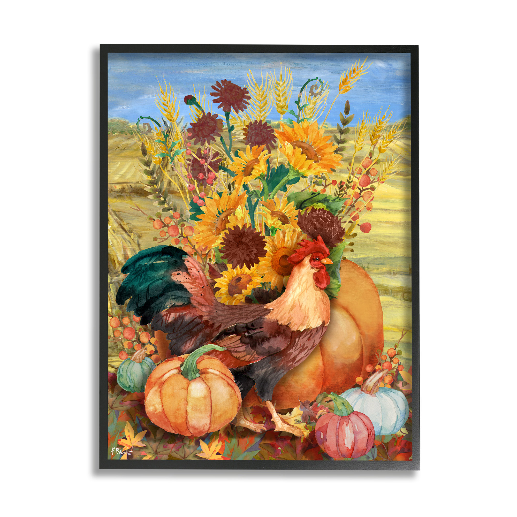 Stupell Industries ba-839-Framed Autumnal Rooster and Sunflowers by Paul Brent Wrapped Canvas ...