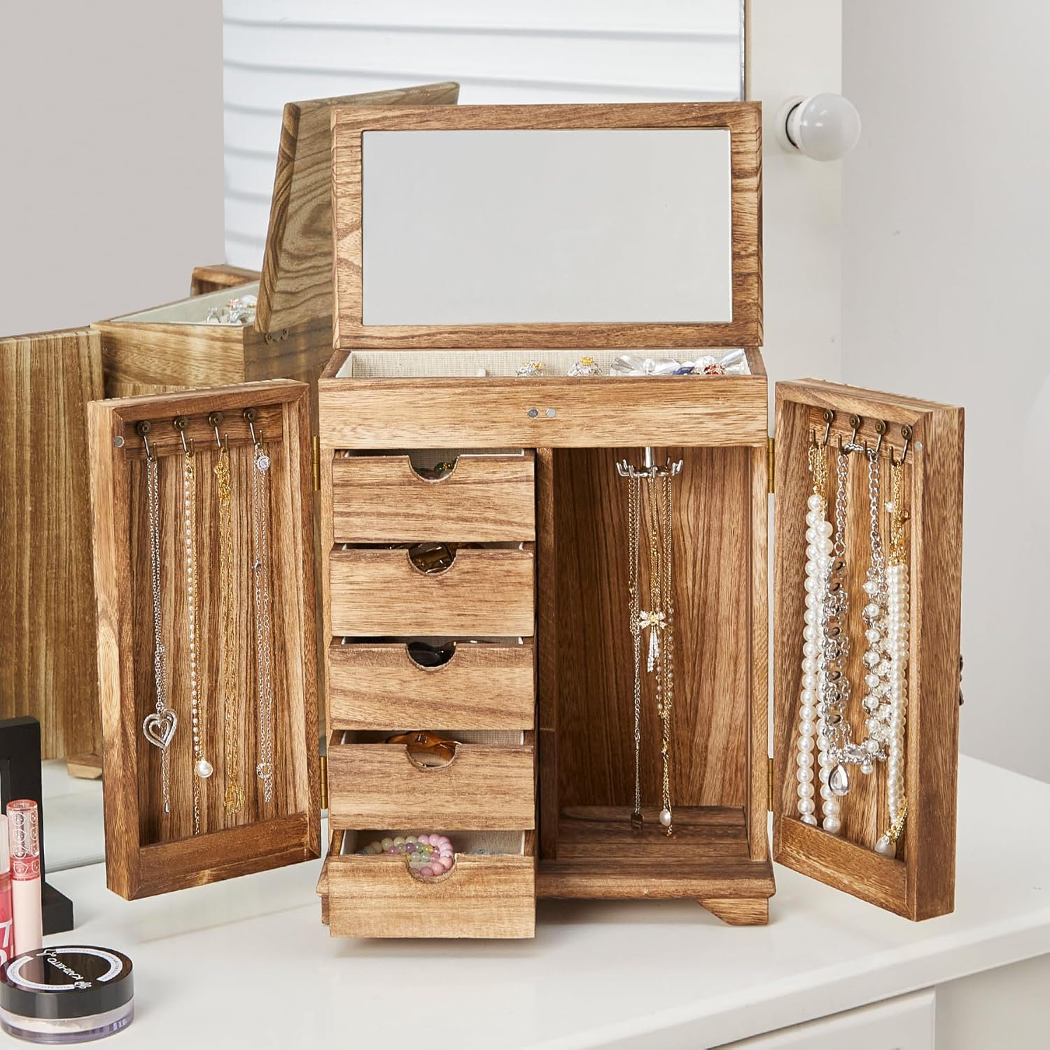 Millwood Pines Jewelry Boxes, Large Wood Jewelry Box With Mirror Drawer ...