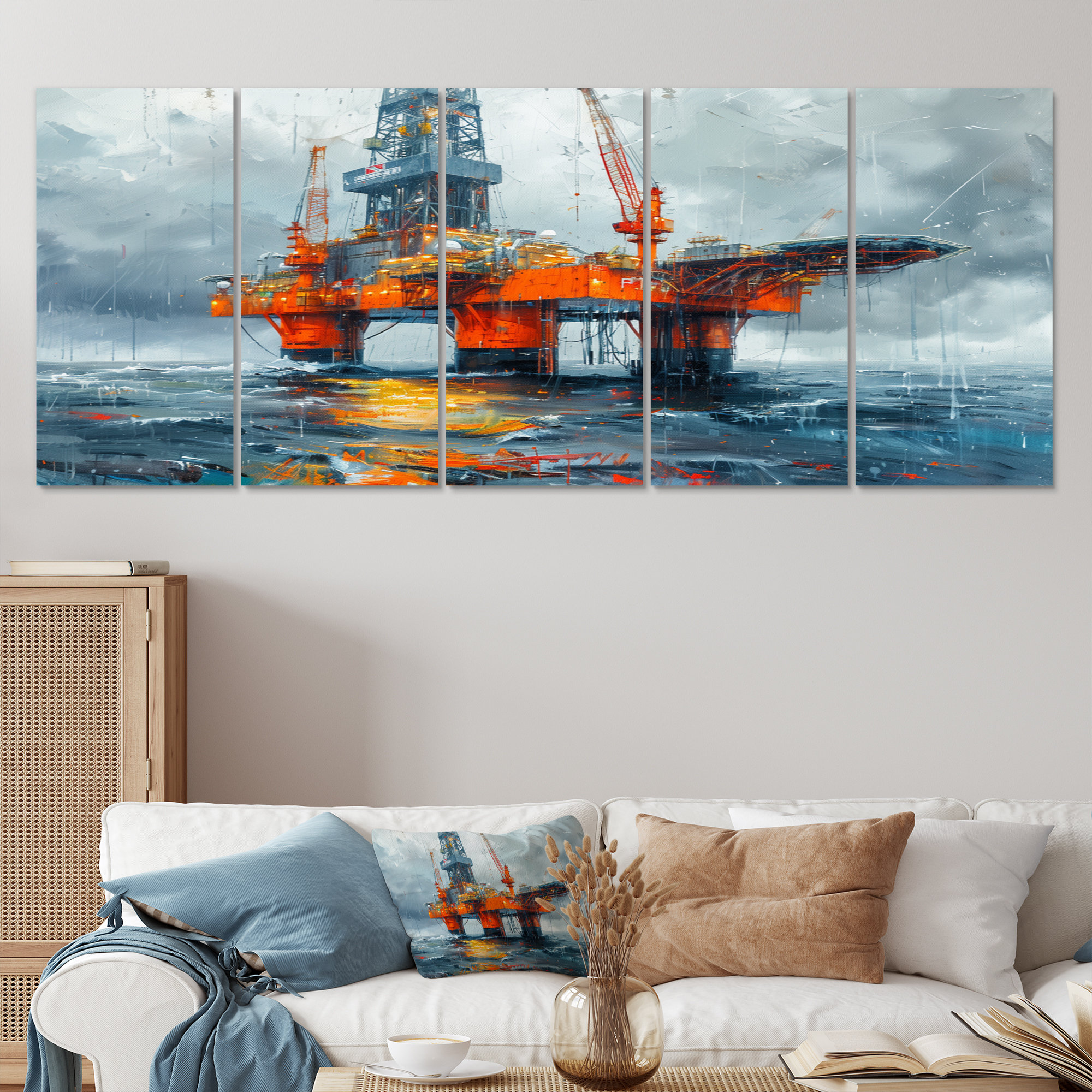 Beachcrest Home™ Grey Orange Summer Oil Rig In Ocean - Oil Rigs ...