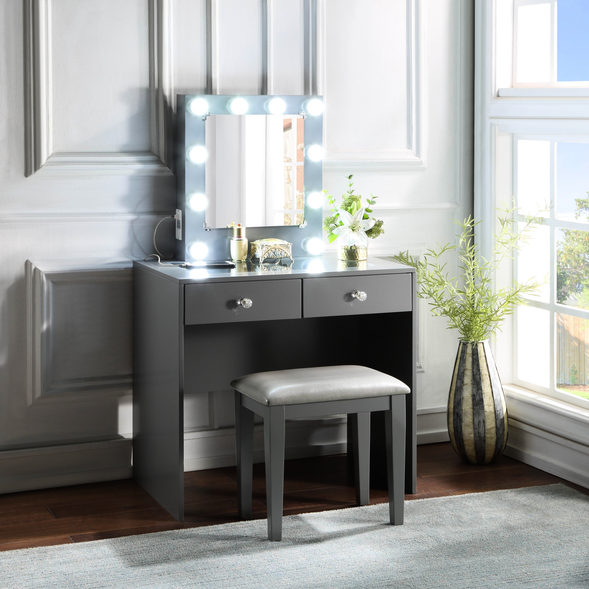 Wrought Studio Black Makeup Vanity And Stool With 10 Lights, Port ...