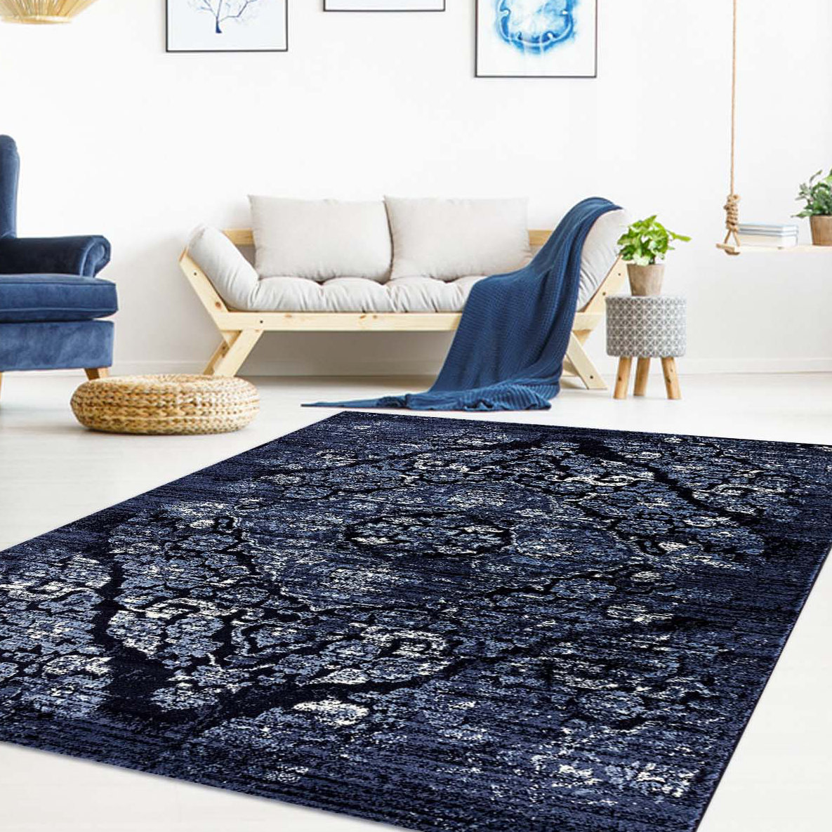 Bungalow Rose Caudill Oriental Navy Area Rug | Wayfair