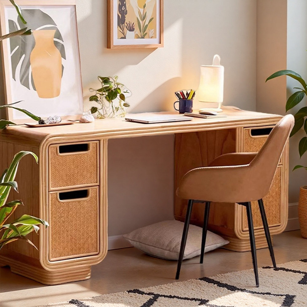 Corrigan Studio® Rectangular Retro Rattan Solid Wood Writing Desk | Wayfair
