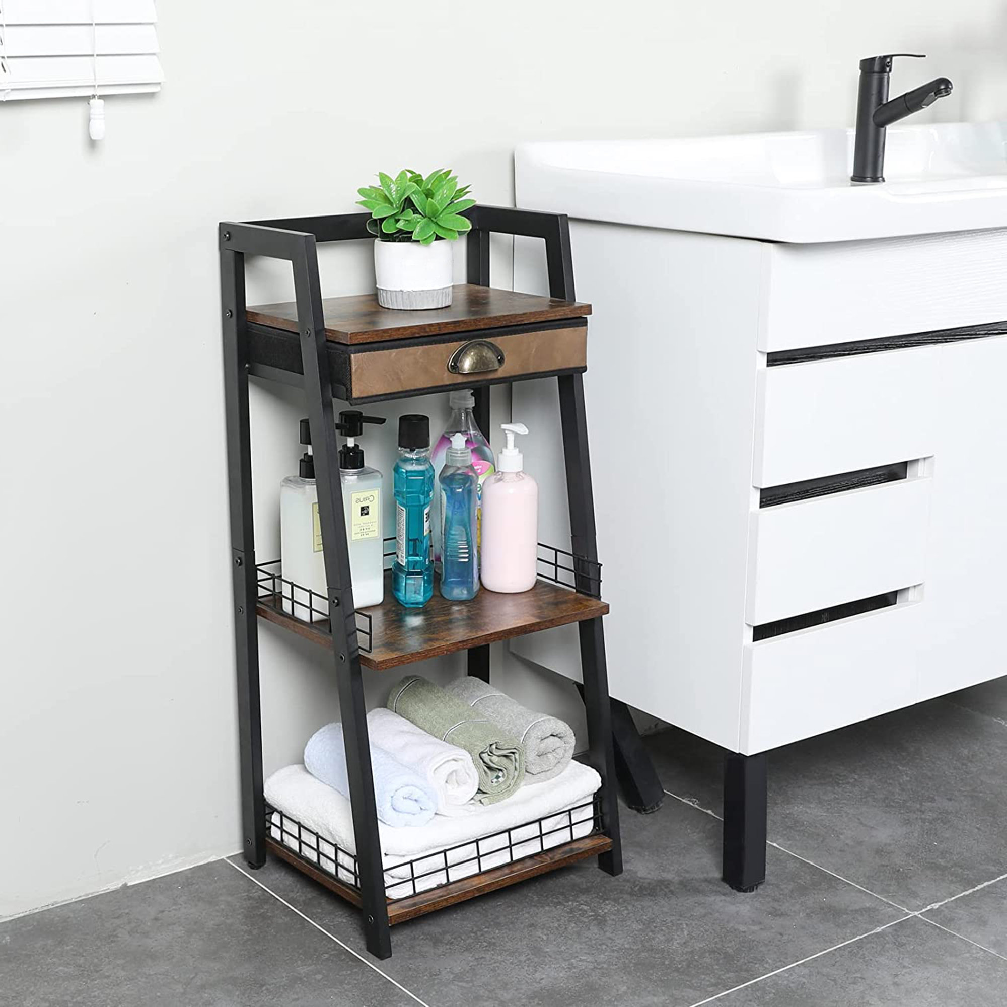 17 Stories 3-Tier Bathroom Ladder Shelf, Brown | Wayfair