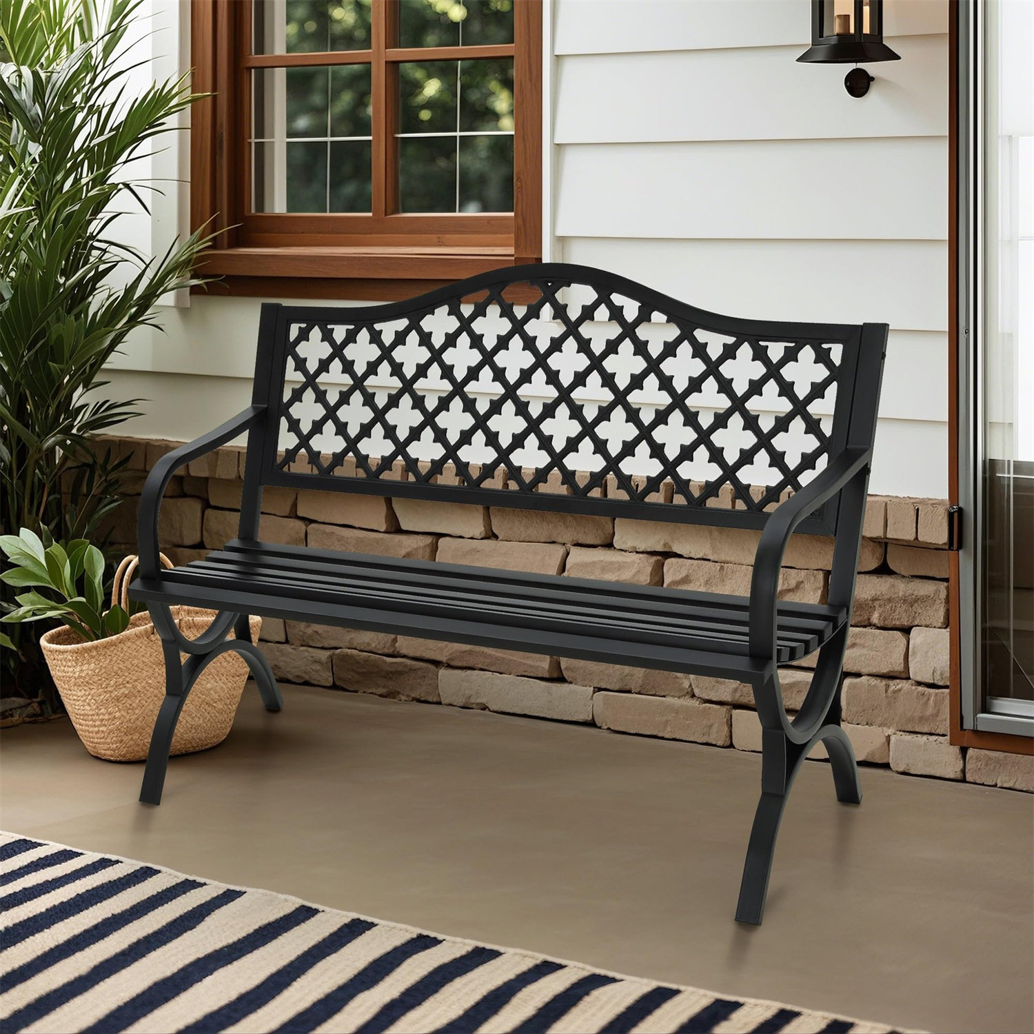Lark Manor™ 50" Black Outdoor Garden Bench with Arch Legs, Cast Iron ...