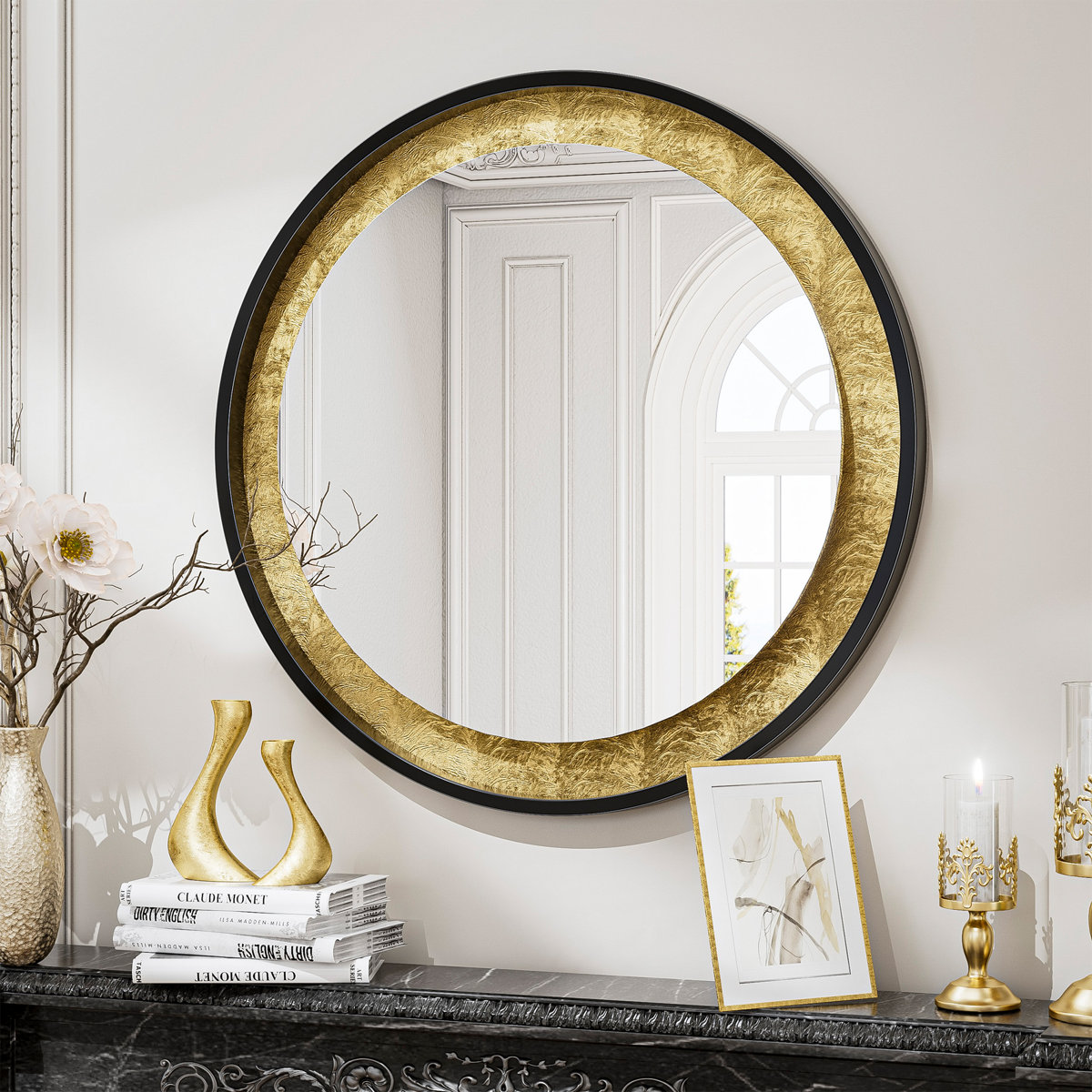 Mercer41 Lymansville Round Ornate Floating Mirror with Metal Frame ...