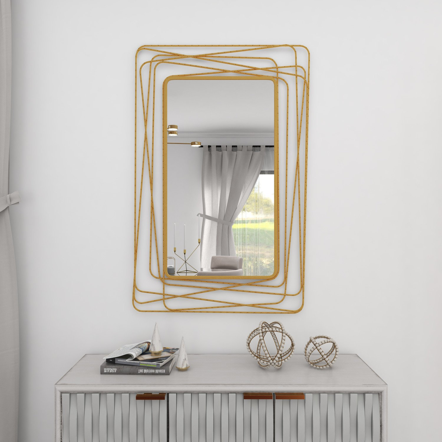 Everly Quinn Betha Gold Metal Wall Mirror with Thin Metal Rectangle ...