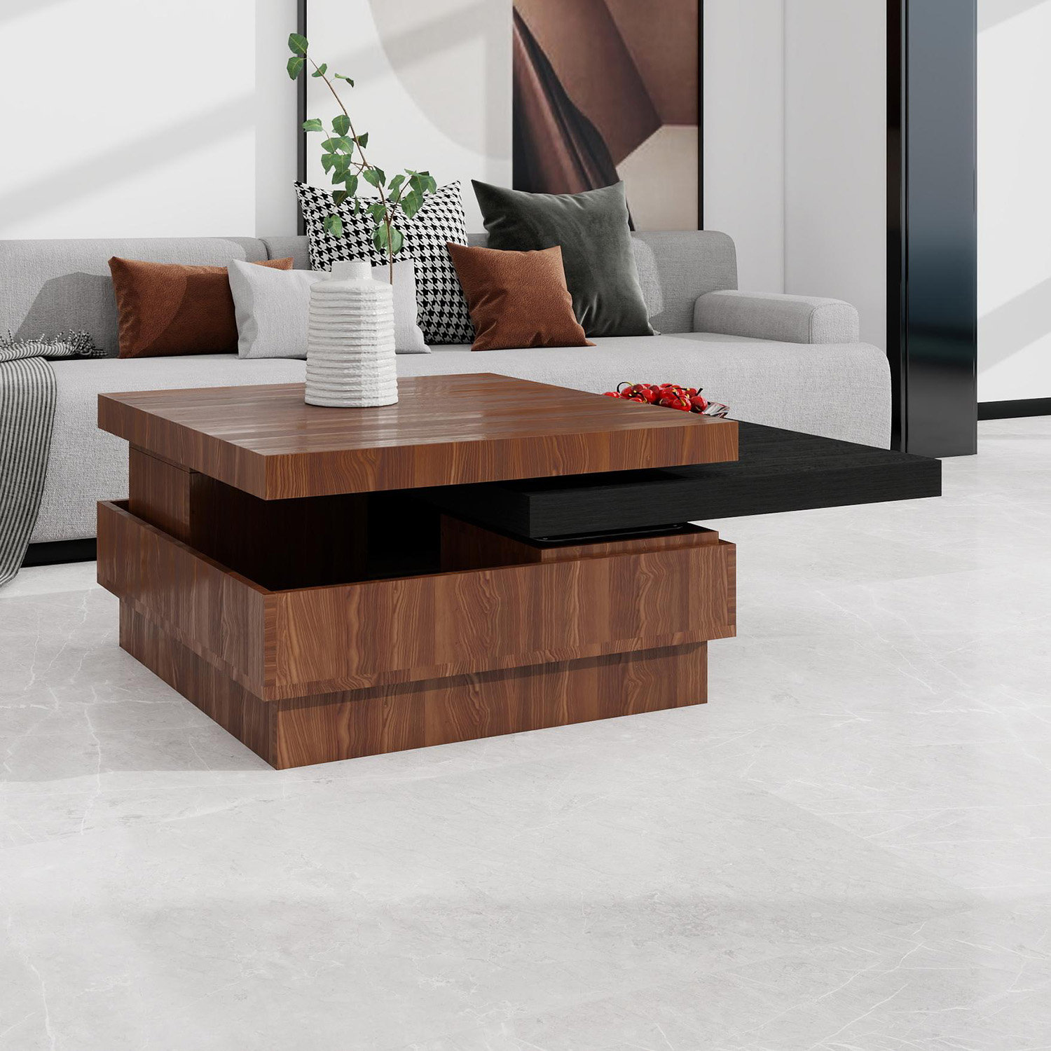 Wrought Studio™ Black + Brown Swivel Top Coffee Table, Modern Square ...