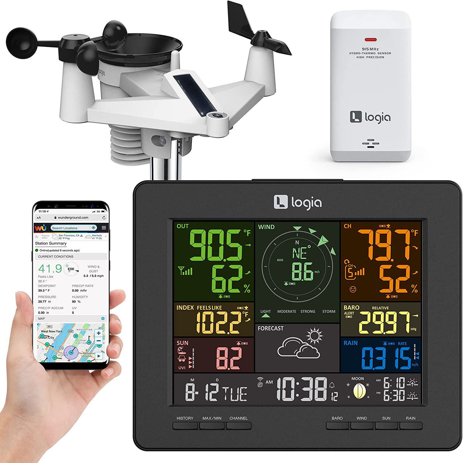 Logia 7-in-1 Wi-fi Weather Station with Solar Panel and LED Display ...
