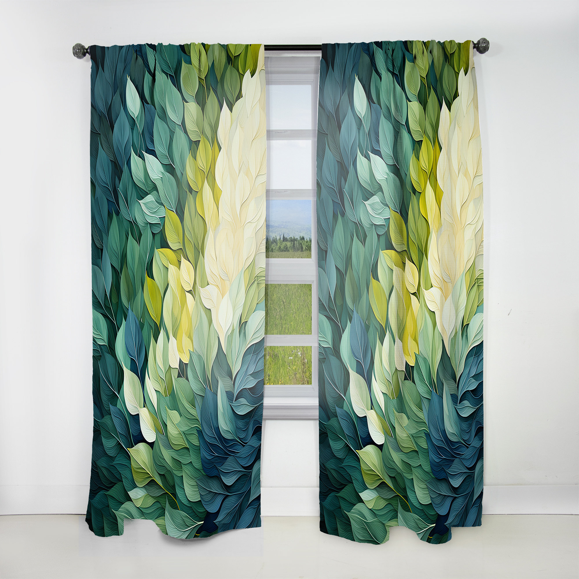 Design Art Leaves Green River Collage - Leaves Curtain - Room Darkening ...