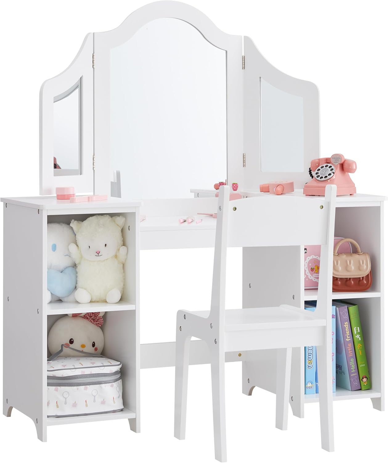 Harriet Bee Princess Makeup Table and Chair with Open Storage Cabinet ...