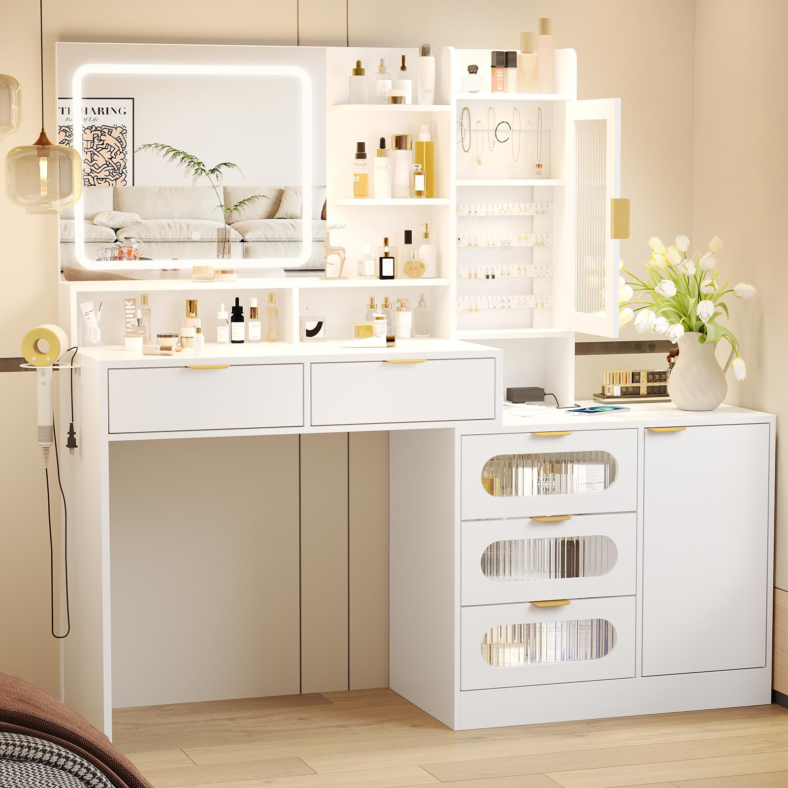 Ivy Bronx 55" Large Makeup Vanity With 5 Drawers & Jewellery Cabinet ...