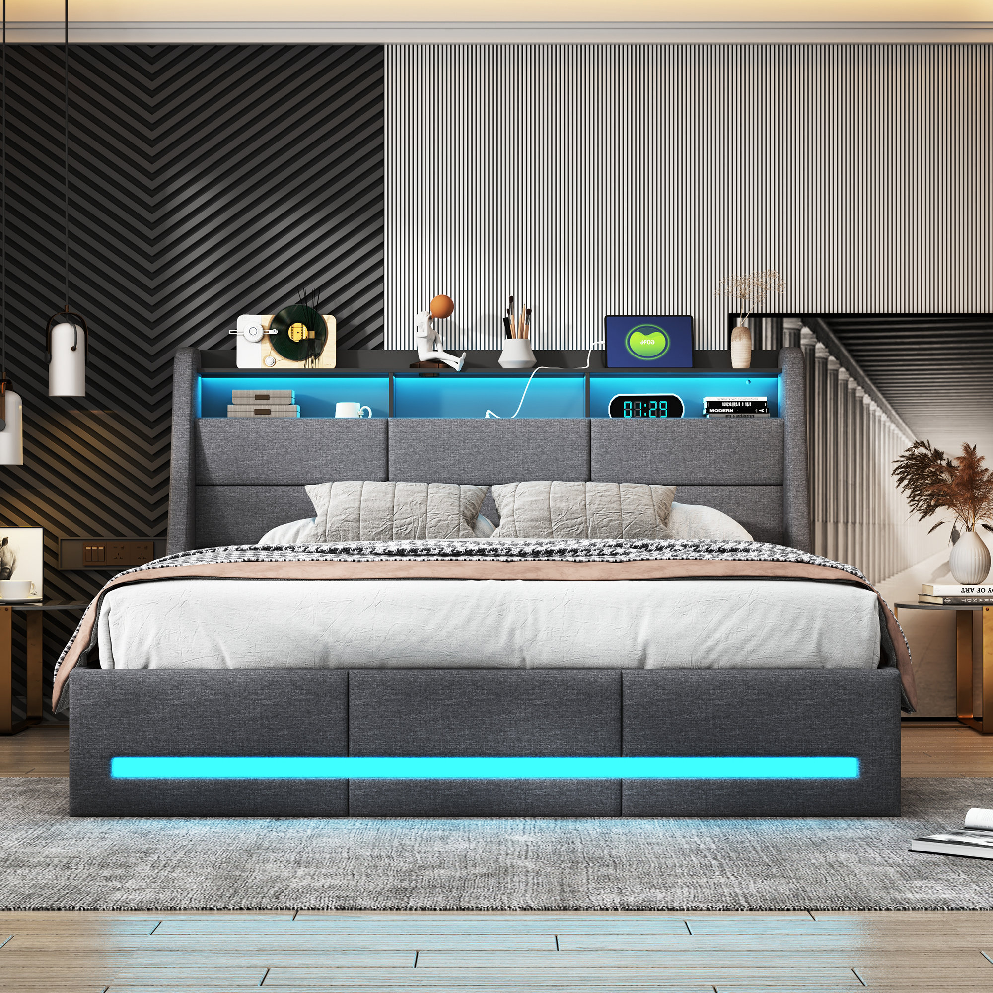 Metro Lane Grey Linen Ottoman Bed Frame With LED Headboard & Footboard ...