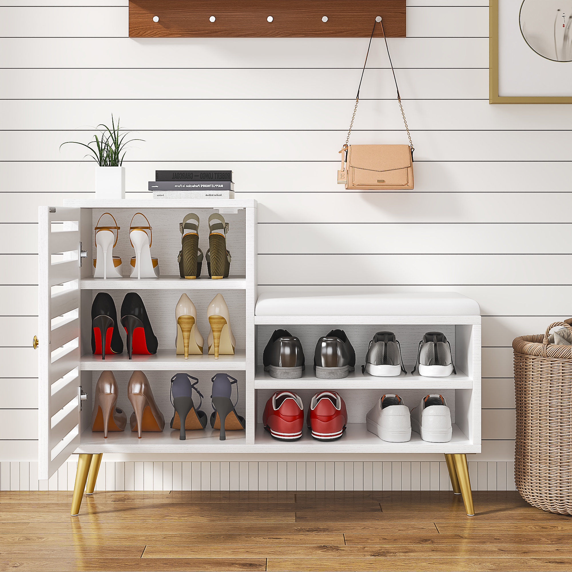 Willa Arlo™ Interiors Bunceton Shoe Storage Cabinet Bench with Cushion ...