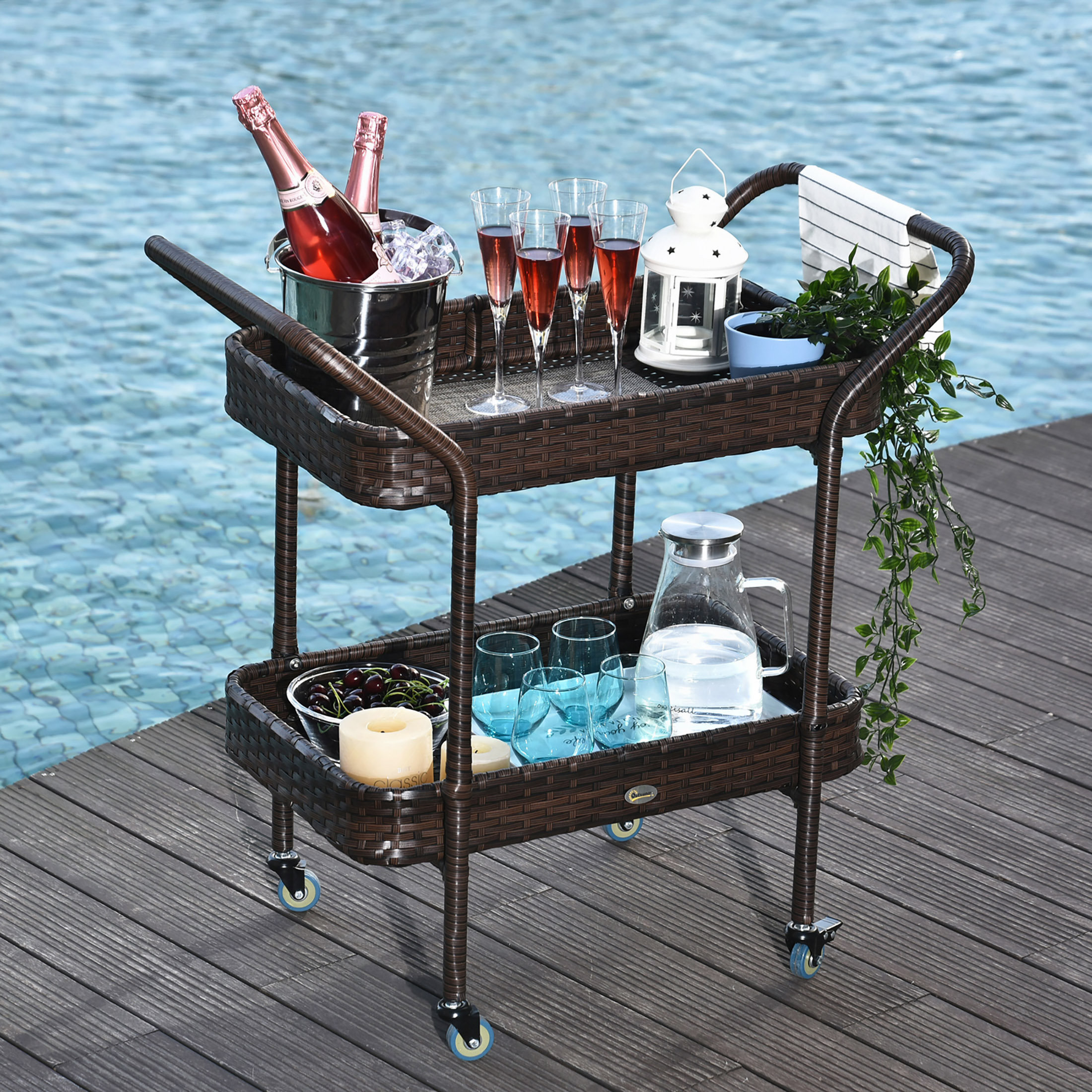 weixunguang Rattan Wicker Serving Cart With 2-Tier Open Shelf, Outdoor ...