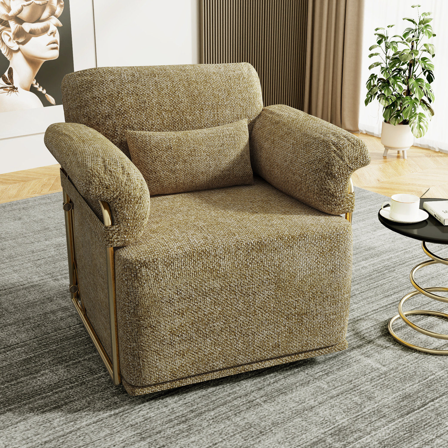 Latitude Run® 360 Degree Swivel Accent Sofa Chair, Fluffy Fabric Upholstered Reading Chair with ...