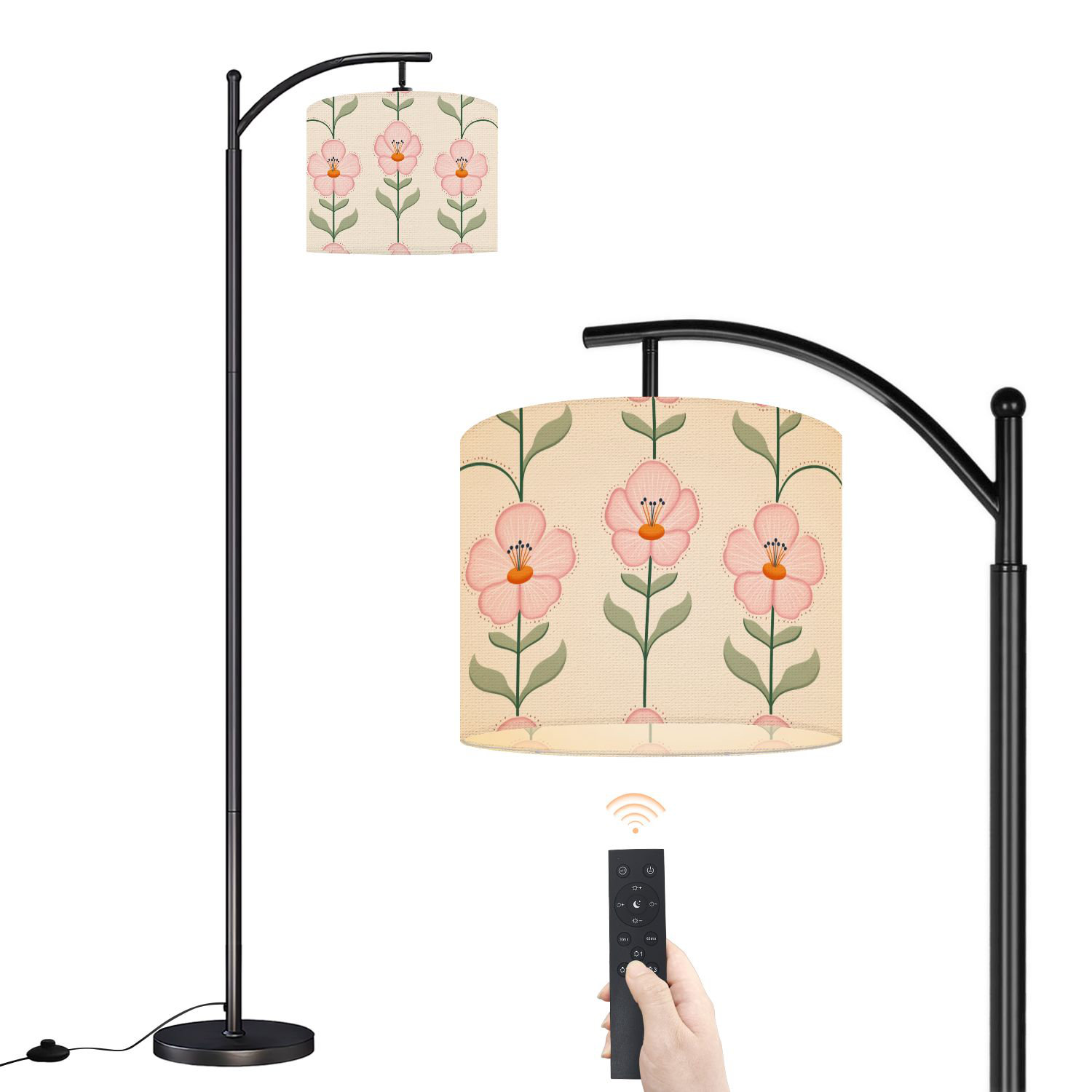 Latitude Run® Arc Floor Lamp Floral Pink Flowers Green Stems Cream ...
