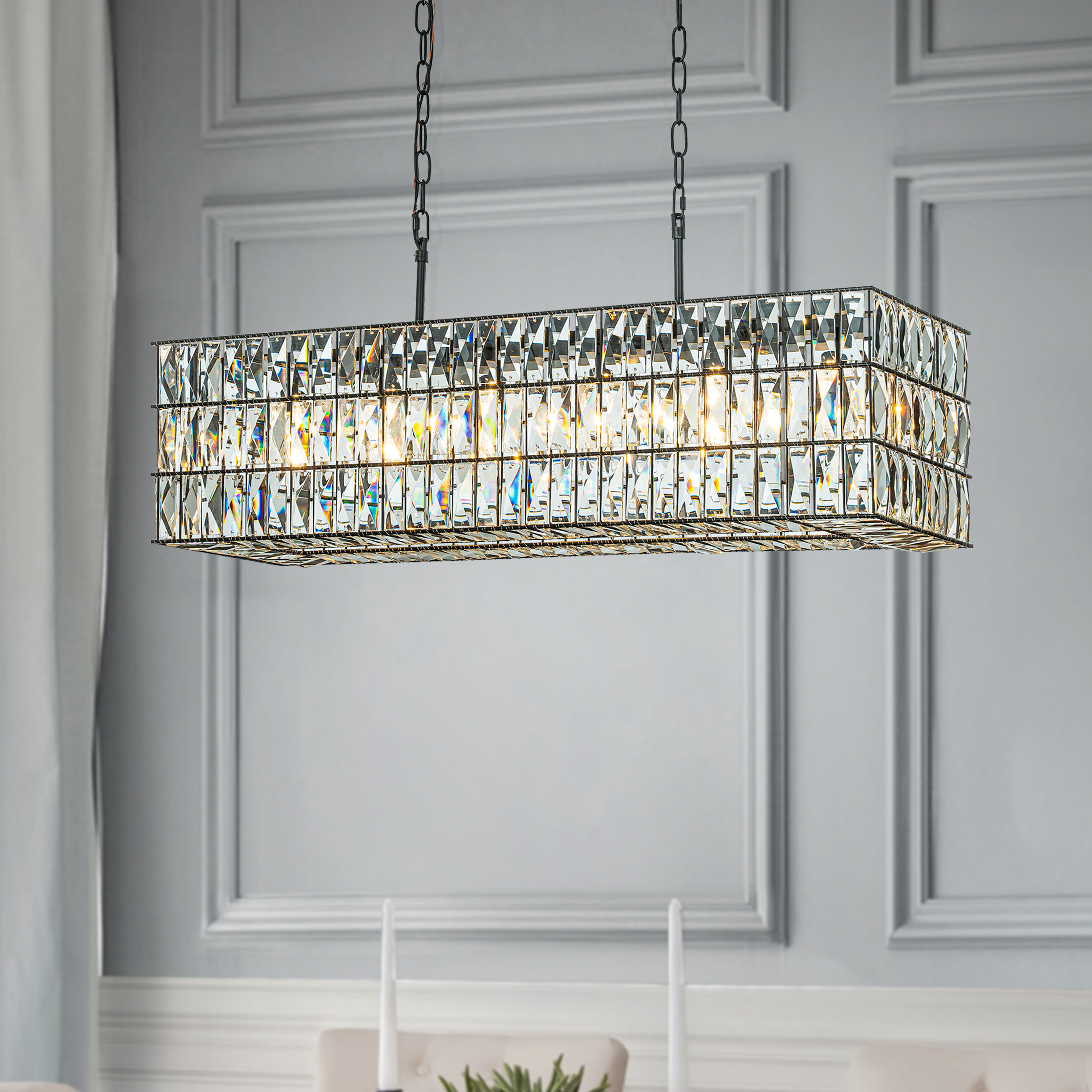 Mercer41 Modern Luxury 6-light Matte Black Rectangular Chandelier With Diamond Crystal Accents ...