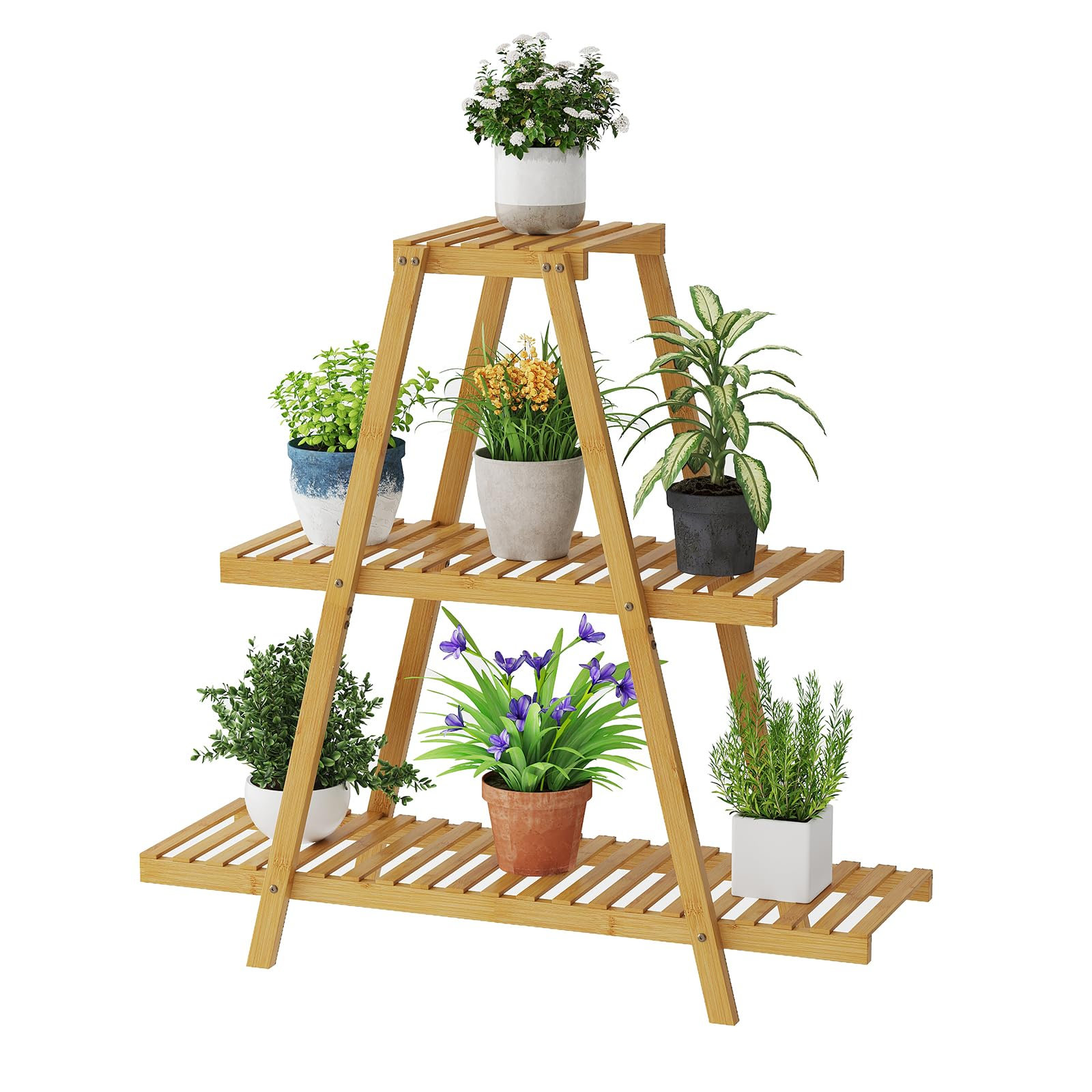 Bisiot Indoor And Outdoor Layered Plant Rack, 3-Story, 8-Pot Bamboo ...