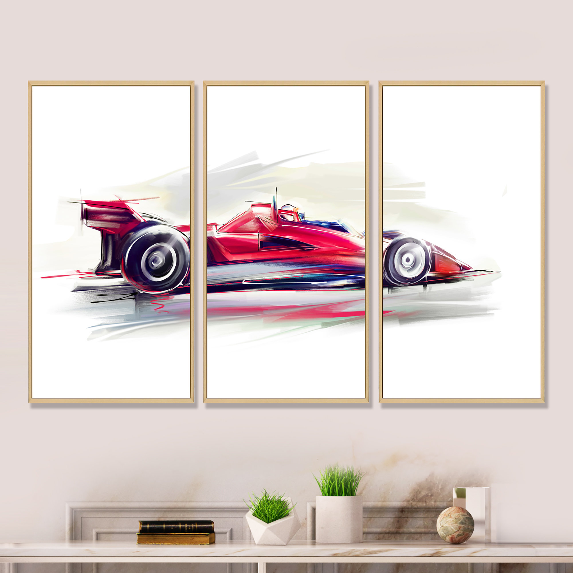 17 Stories Red Formula One Car - 3 Piece Painting on Canvas - Wayfair ...