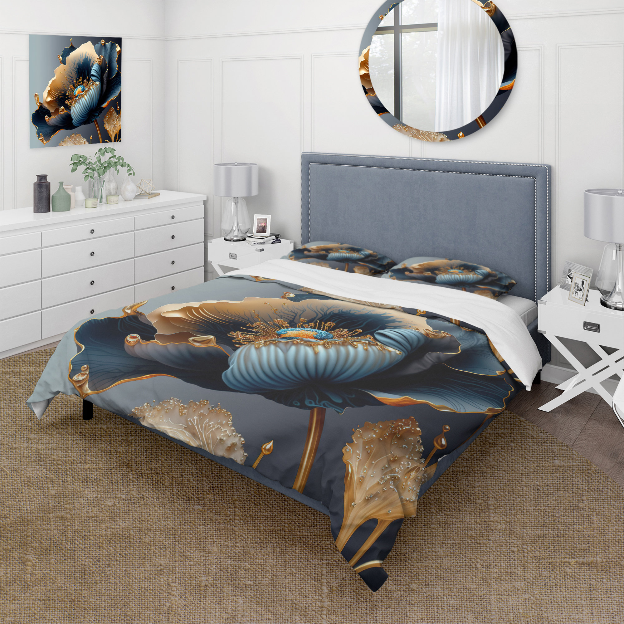 Design Art Deep Blue And Gold Single Flower III BeddingMicrofiber ...