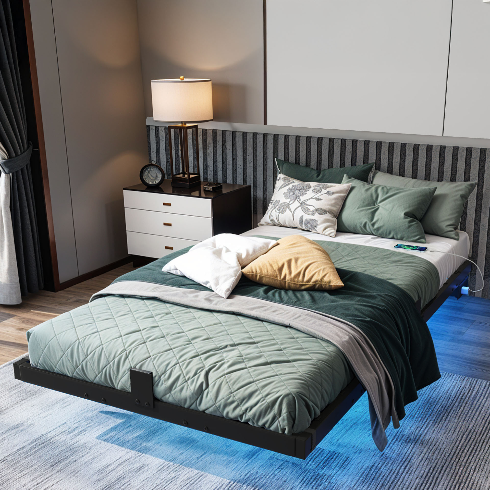 Wrought Studio Floating Metal Bed with LED Lights and Charging Station ...