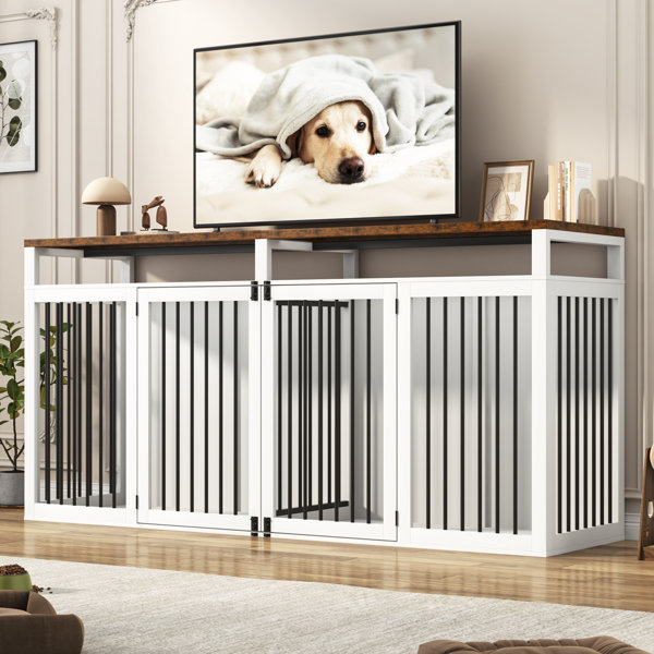Latitude Run® 86.6"Large Dog Crate Furniture For 2 Dogs,Wooden Dog ...