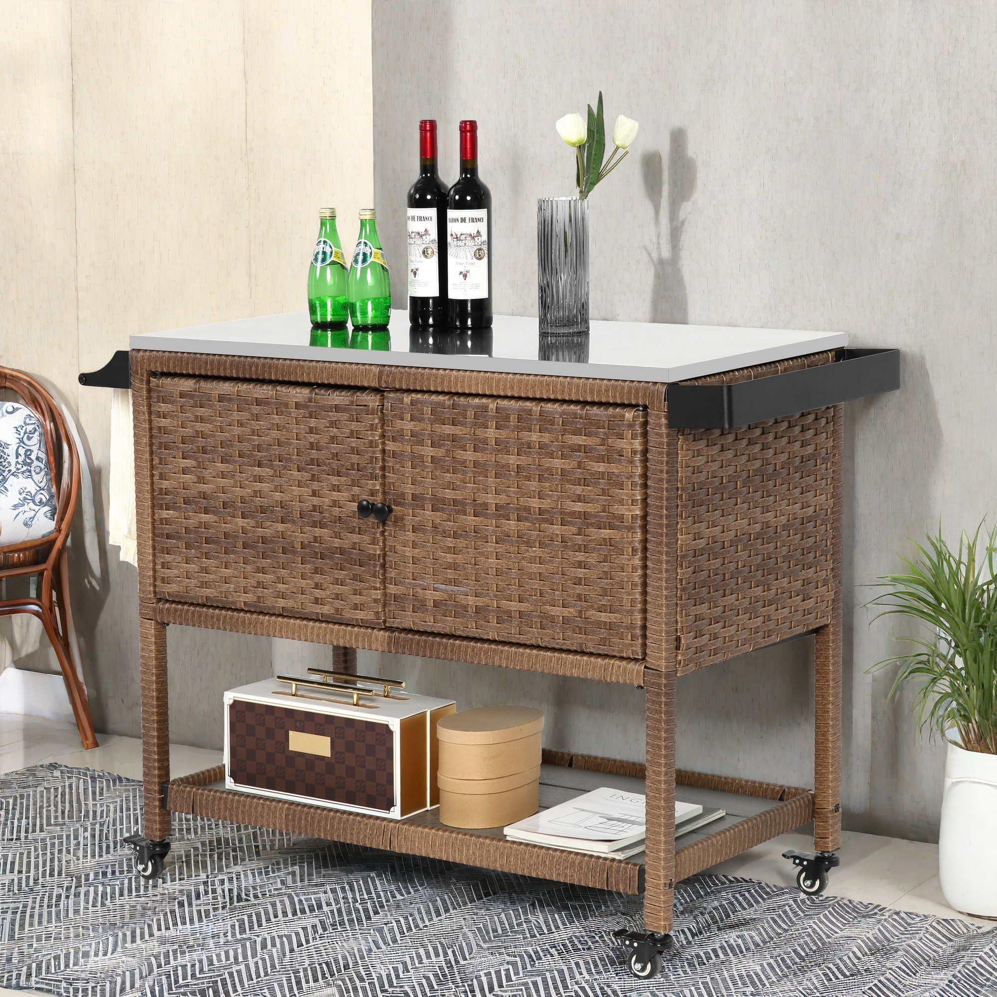 Arlmont & Co. Outdoor Rolling Wicker Bar Cart With Stainless Steel ...