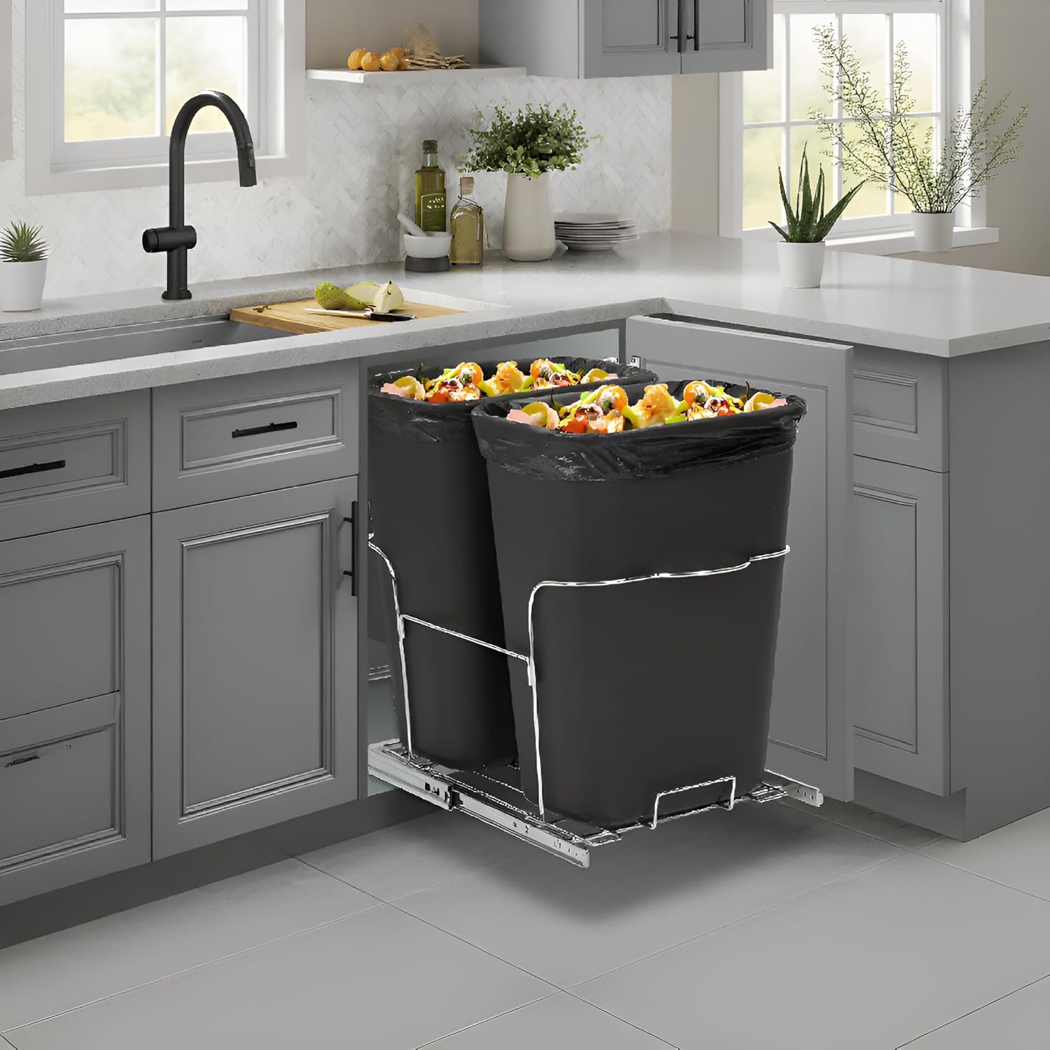 Yuan Home 2×25 QT Dual Pull Out Trash Can Under Cabinet,Garbage Waste ...